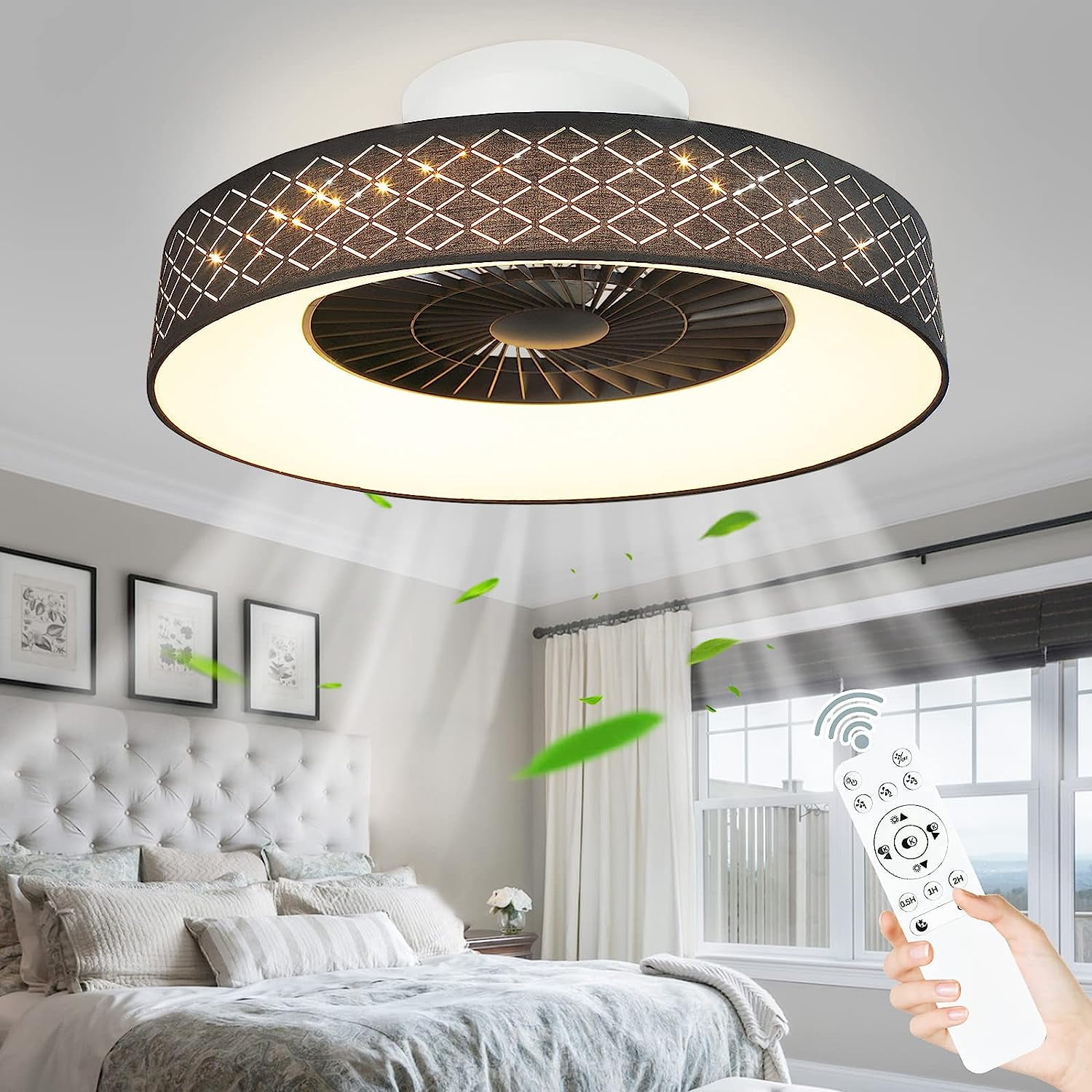 DingLiLighting 25” LED Ceiling Fan with Light and Remote, Black Flush ...