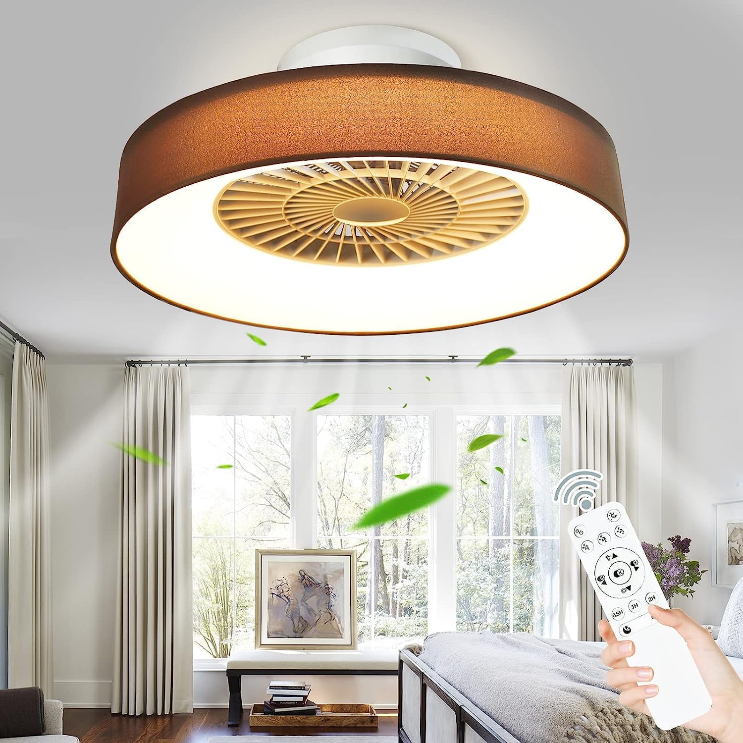 DingLiLighting 25” LED Ceiling Fan with Light and Remote, Brown Flush ...