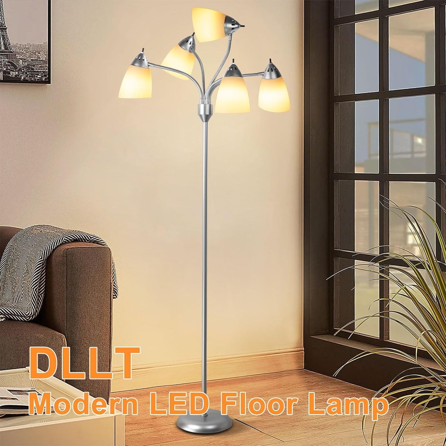DingLiLighting Adjustable Gooseneck 5-Light LED Tree Floor Lamp, Silver ...