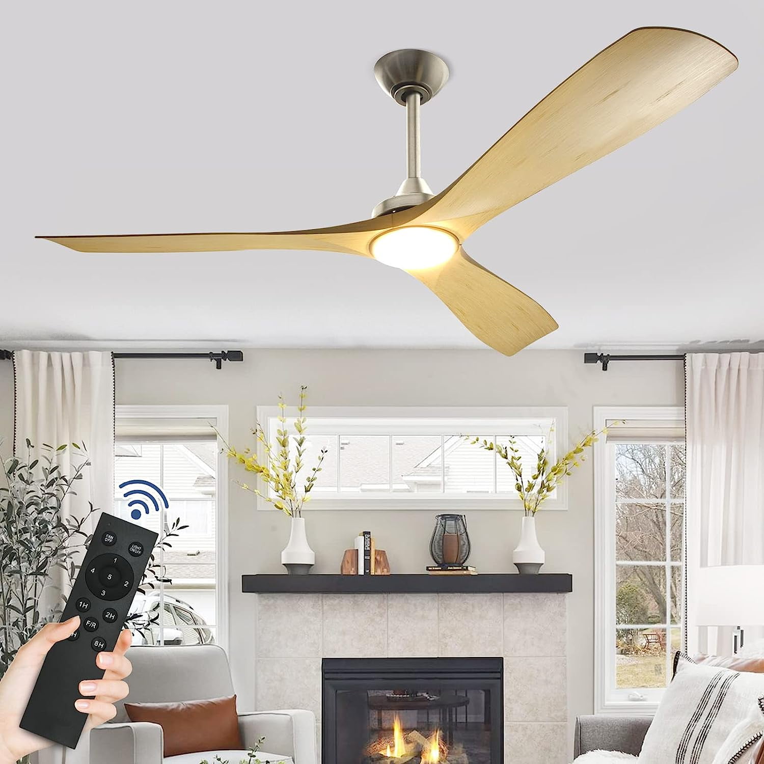 DINGLILIGHTING 52” Natural Wood Modern Ceiling Fan with Light Kit and ...