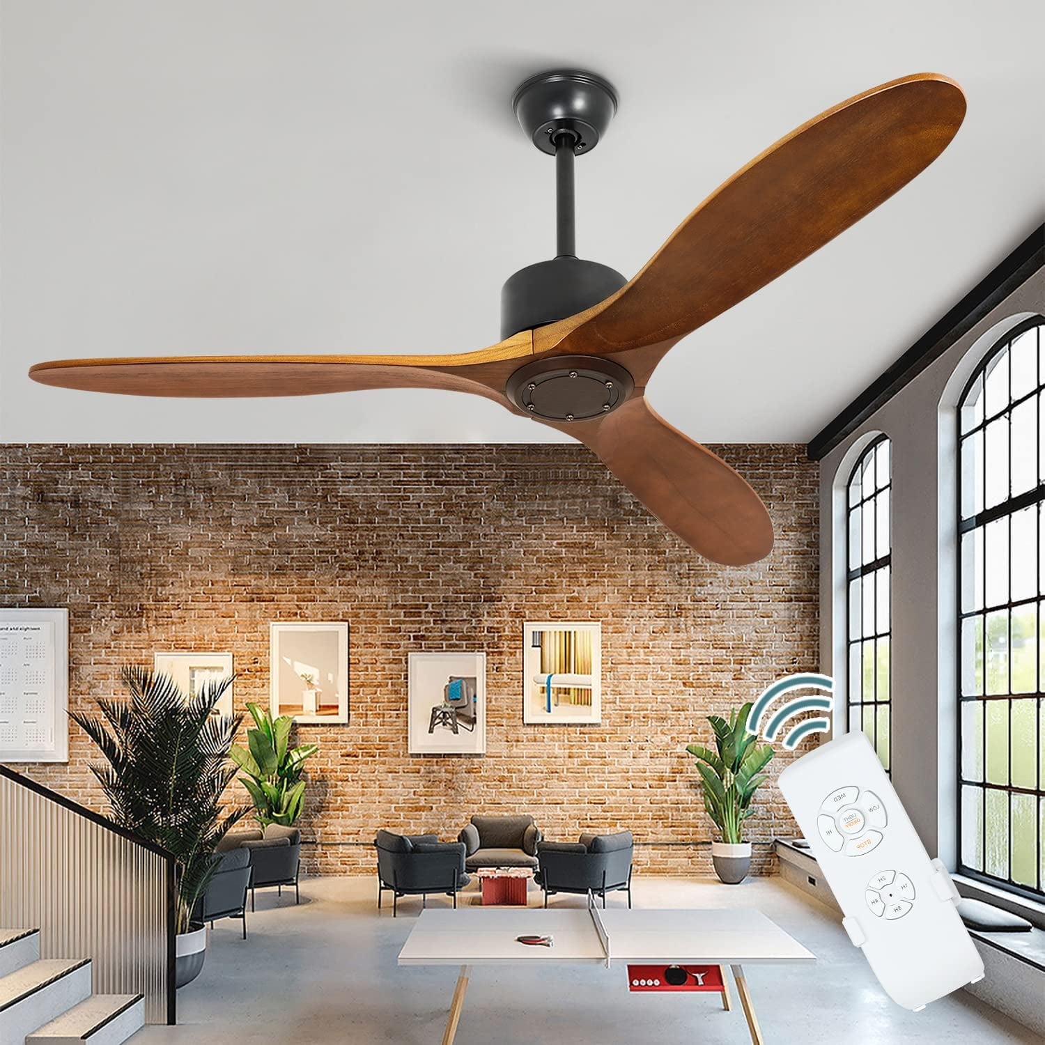DingLiLighting 52" Industrial Wood Ceiling Fan, 3-Blade, No Light ...