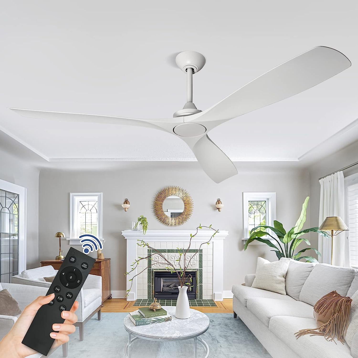DingLiLighting 60" Ceiling Fan without Light, 3-Blade White Ceiling Fan ...