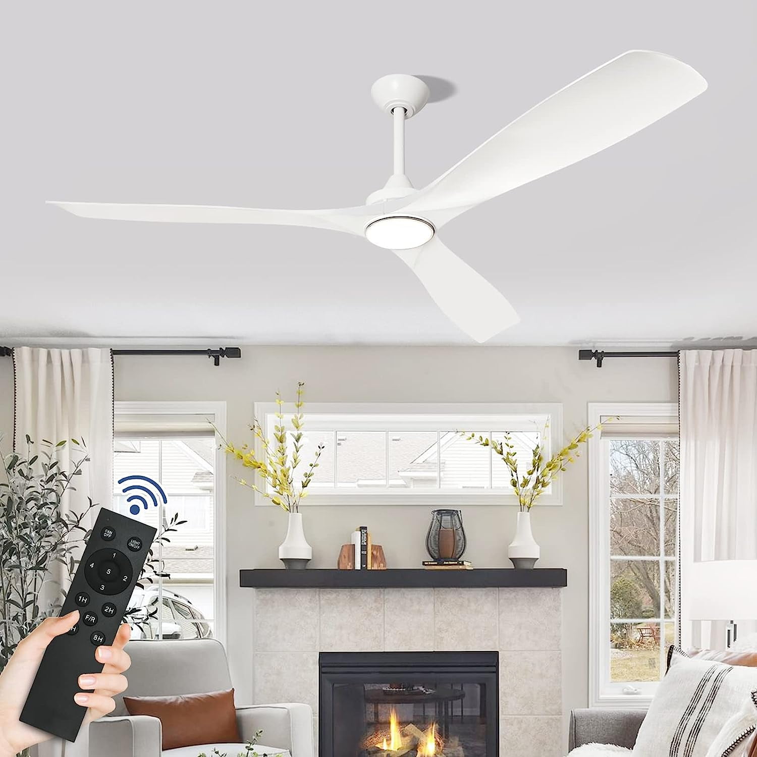 DingLiLighting 60" White Ceiling Fan with Lights, Remote Control, 3 ...
