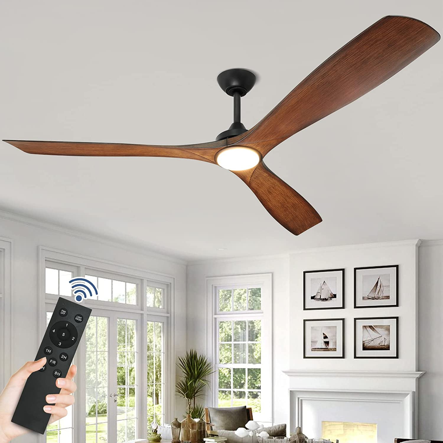 "DingLiLighting 60"" Rustic Ceiling Fan with LED Light, Remote, 3-Blade ...