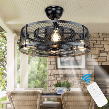 20 in. 4-Light Indoor Black Wood Grain Industrial Metal Cage Enclosed ...