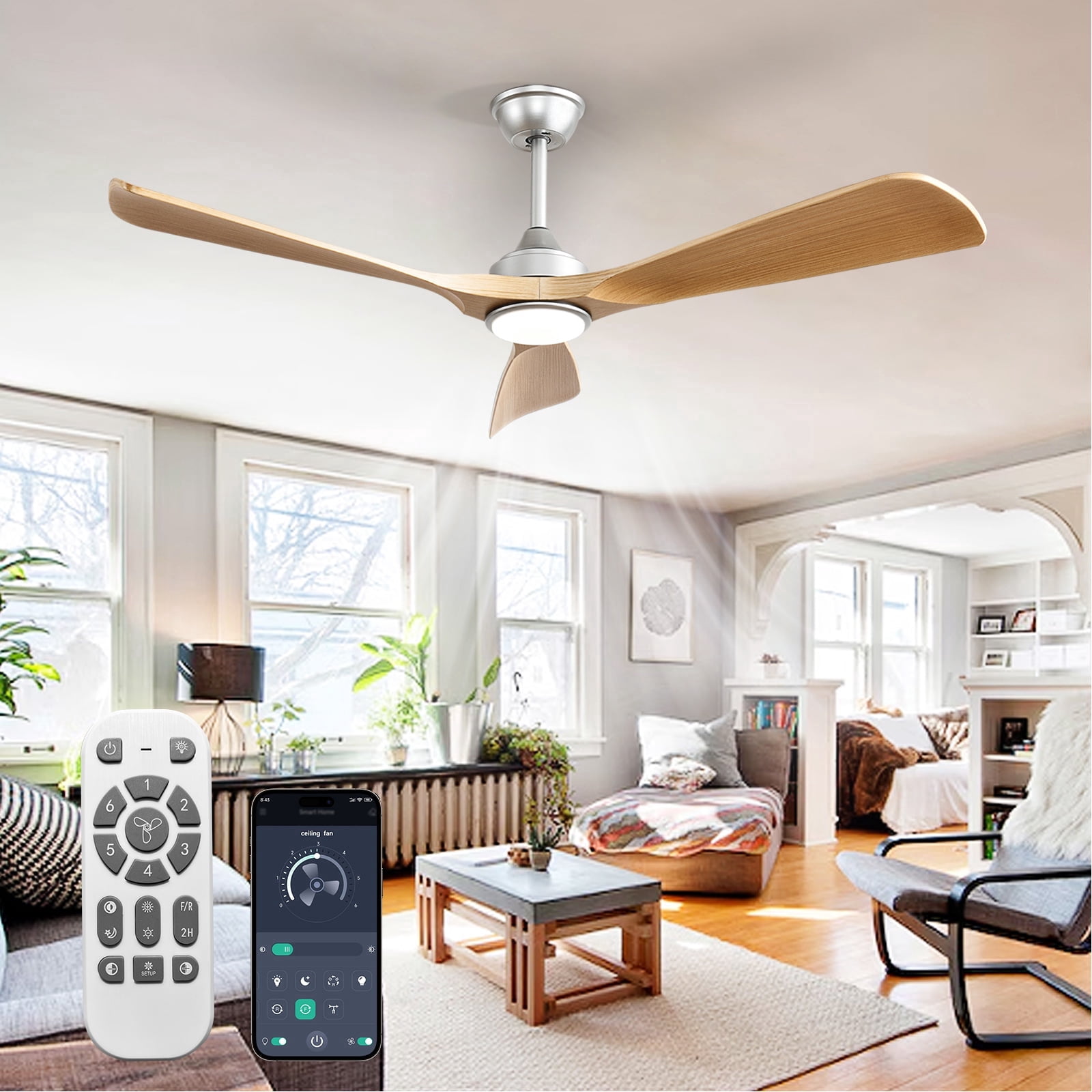 DingLiLighting Modern Ceiling Fan with Lights: 52-Inch Natural Wood ...