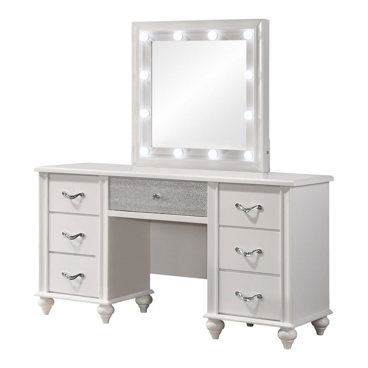 Dini 62 Inch 7 Drawer Vanity Desk with LED Lighted Mirror, Classic ...