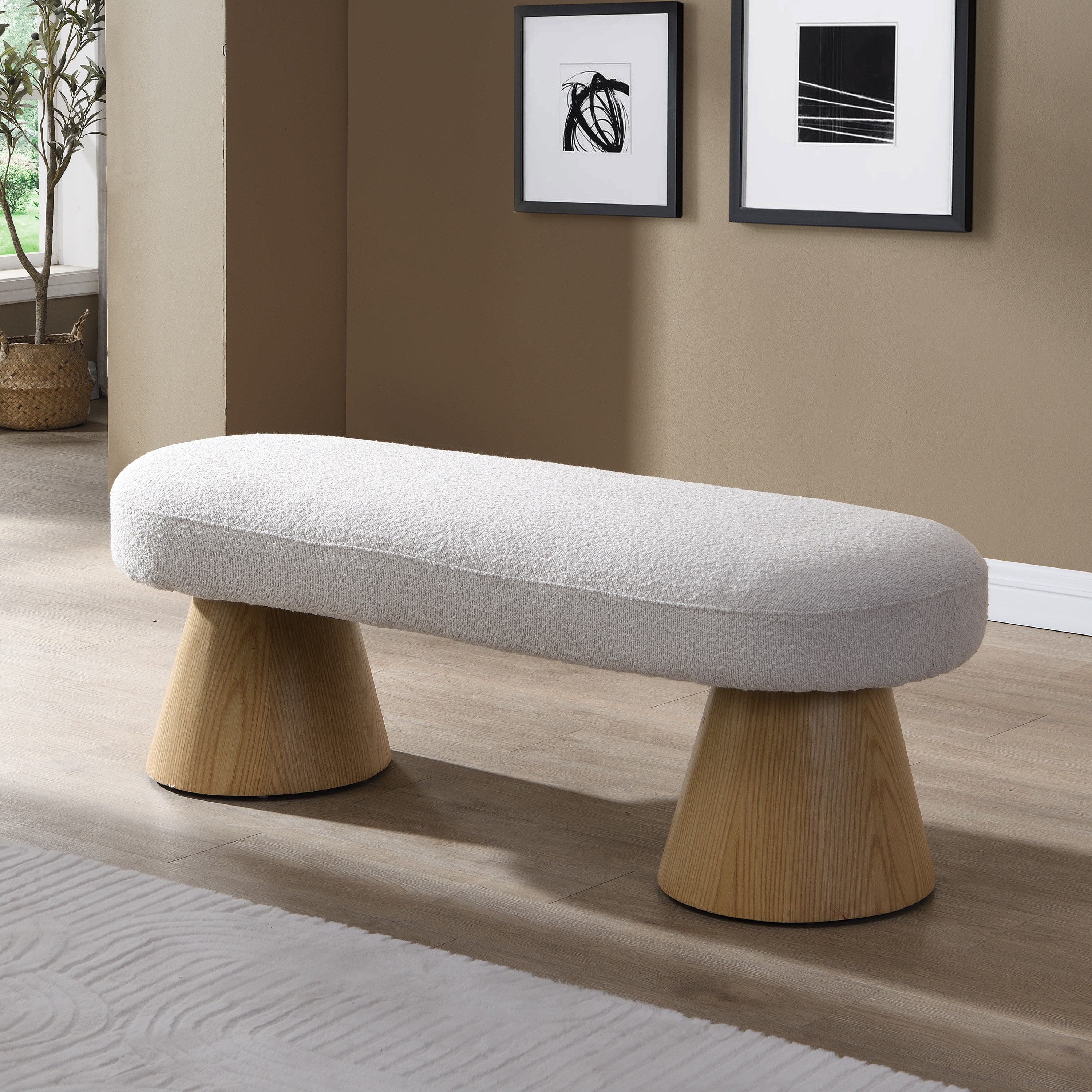 Dining Bench, Upholstered, Fabric Ottoman, Wood Legs, 300 LBS Capacity ...