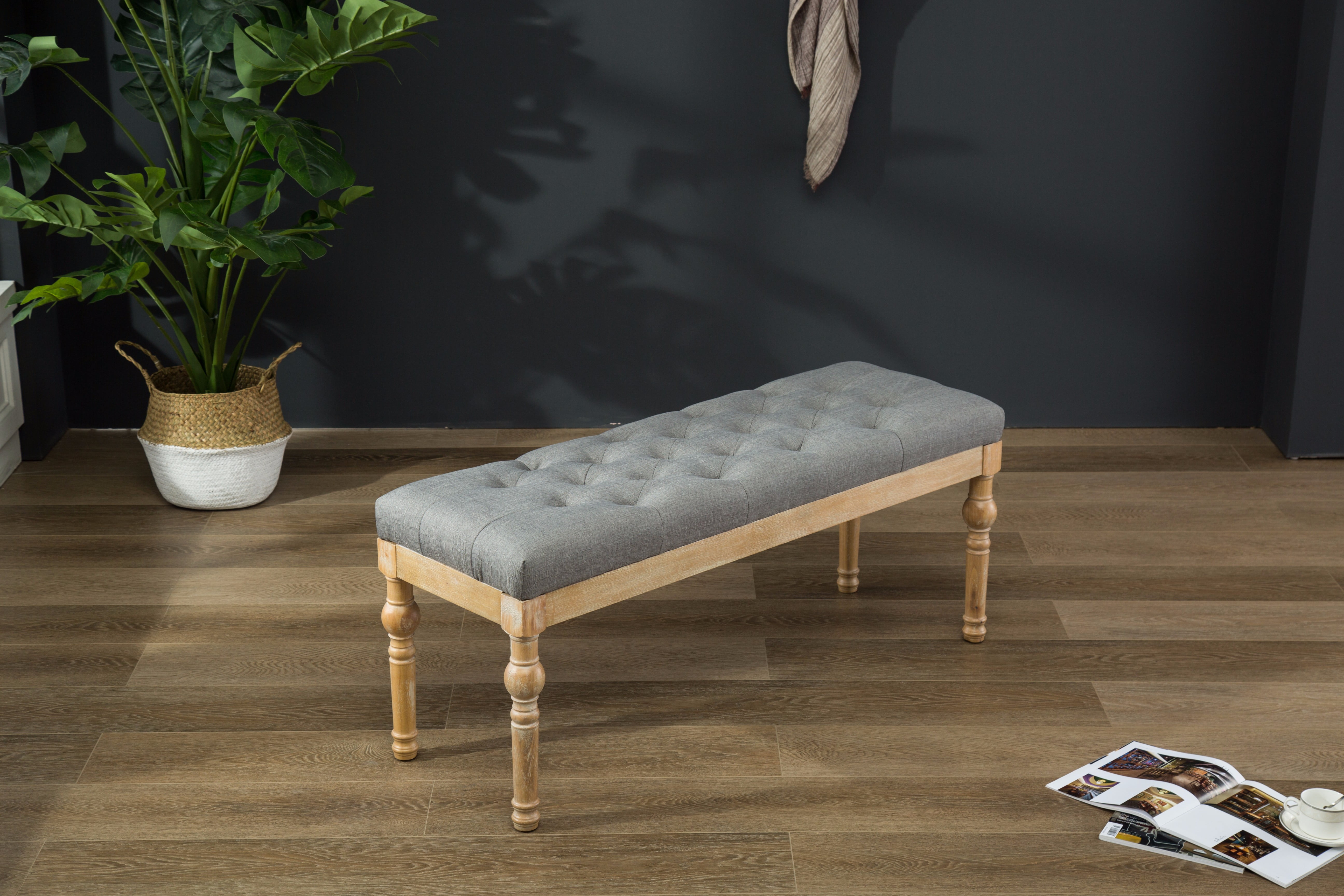 Dining Benches Habit Solid Wood Button Tufted Dining Bench, Grey,Dining ...