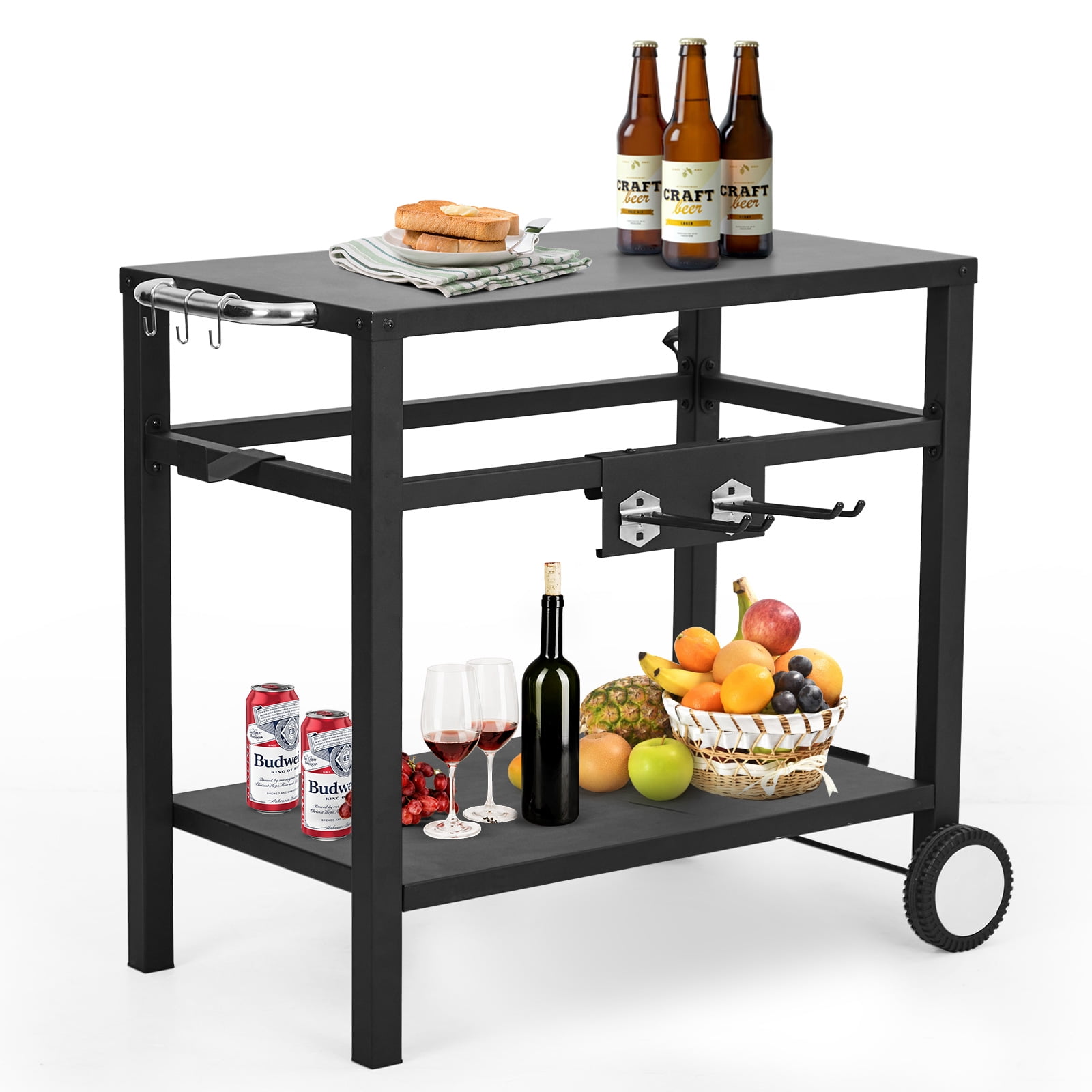 Dining Cart,Outdoor Grill Cart with Double-Shelf,with 4 Hooks, Side ...