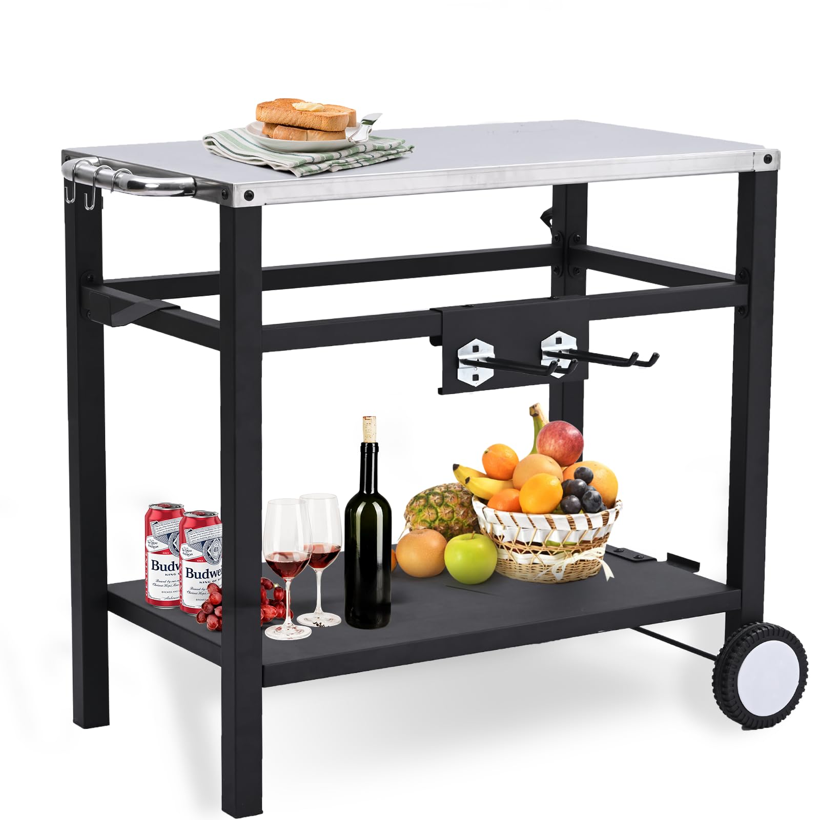 Dining Cart,Outdoor Grill Cart with Double-Shelf,with 4 Hooks, Side ...