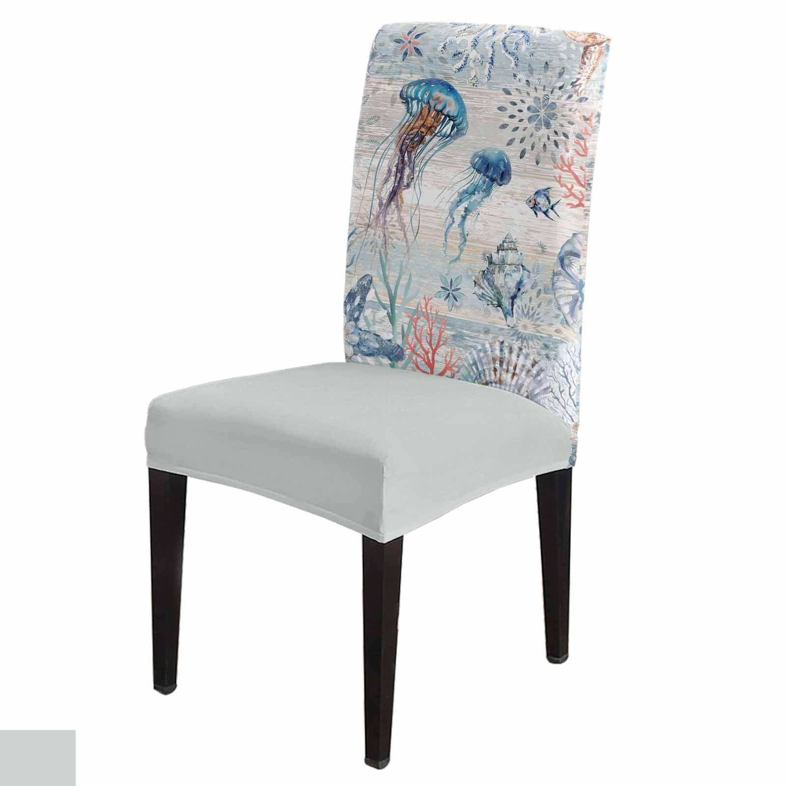 Dining Chair Covers Set of 8 Ocean Jellyfish Shell Coral Retro Blue ...