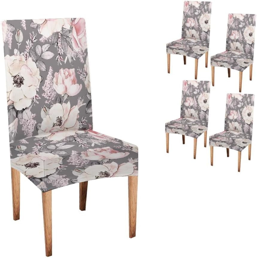 Dining Chair Covers Set of 4 Pattern Pink Flowers Leaves on Parson ...