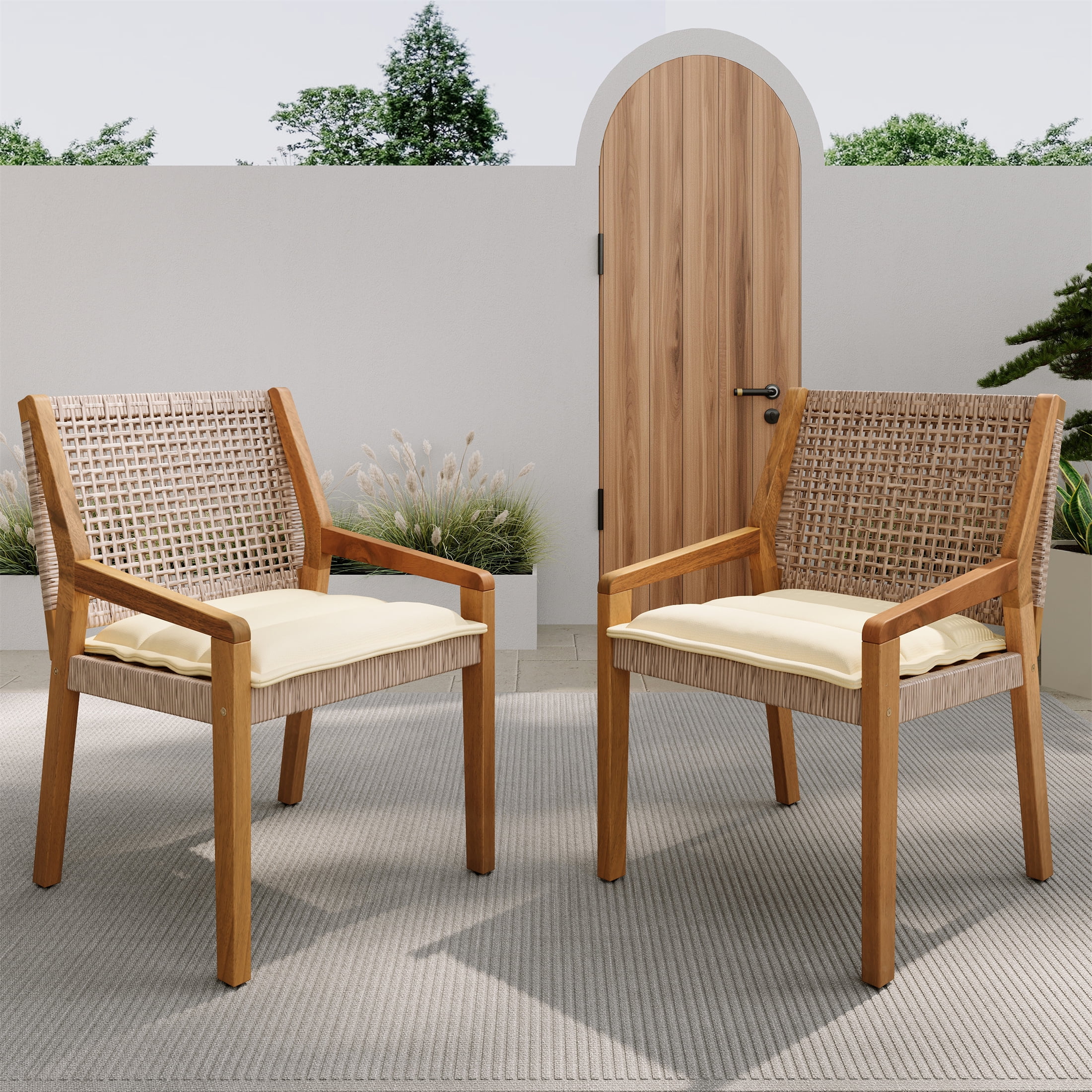 Dining Chair, Outdoor Acacia Wood and Wicker Chair with Cream Cushion ...