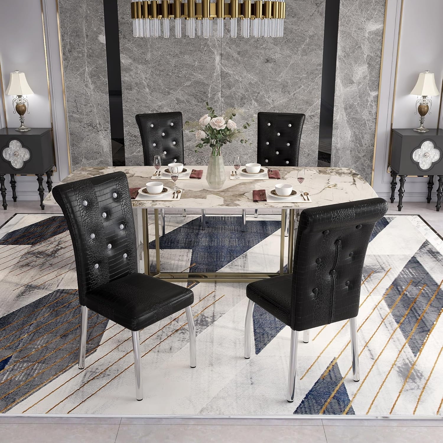 Dining Chair Set of 2, Crocodile-Embossed PVC Leather and Crystal ...