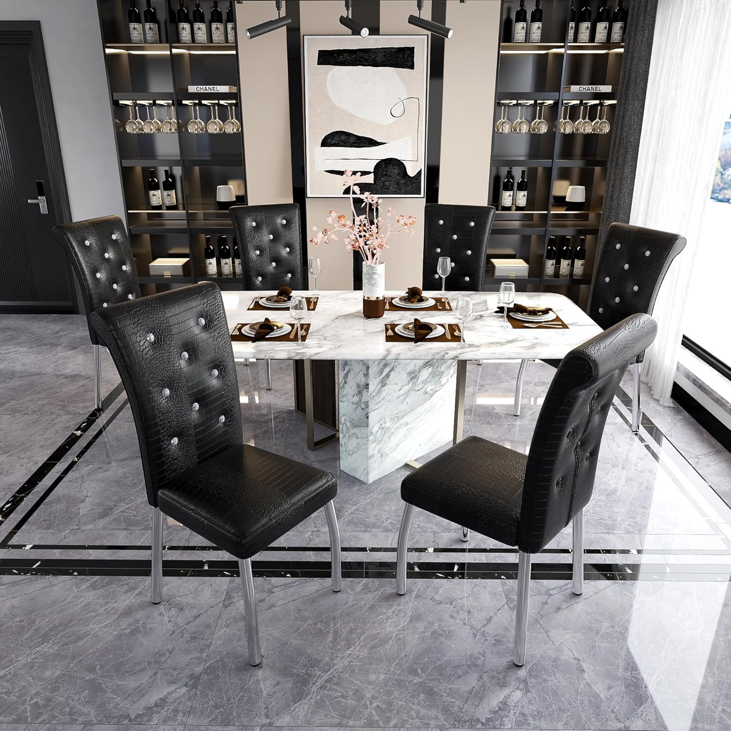 Dining Chair Set of 2, Crocodile-Embossed PVC Leather and Crystal ...