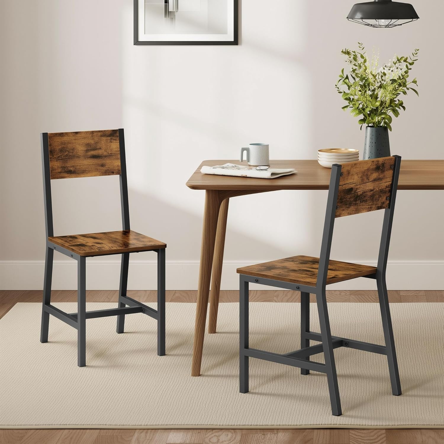 Dining Chair Set of 2, Rustic Wood Chairs with Metal Steel Frame, Easy ...