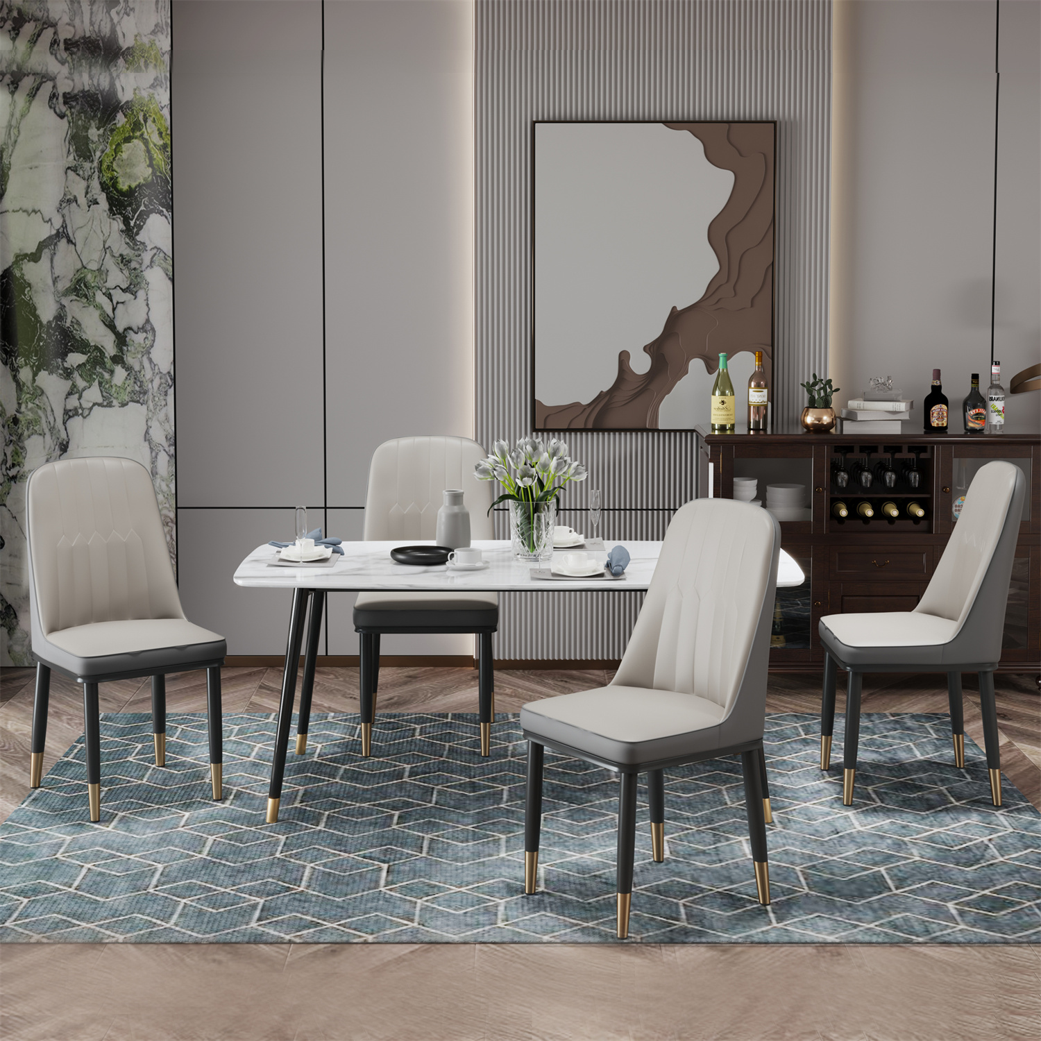 Dining Chair Set of 4, PU Leather Upholstered Kitchen Chairs with High ...