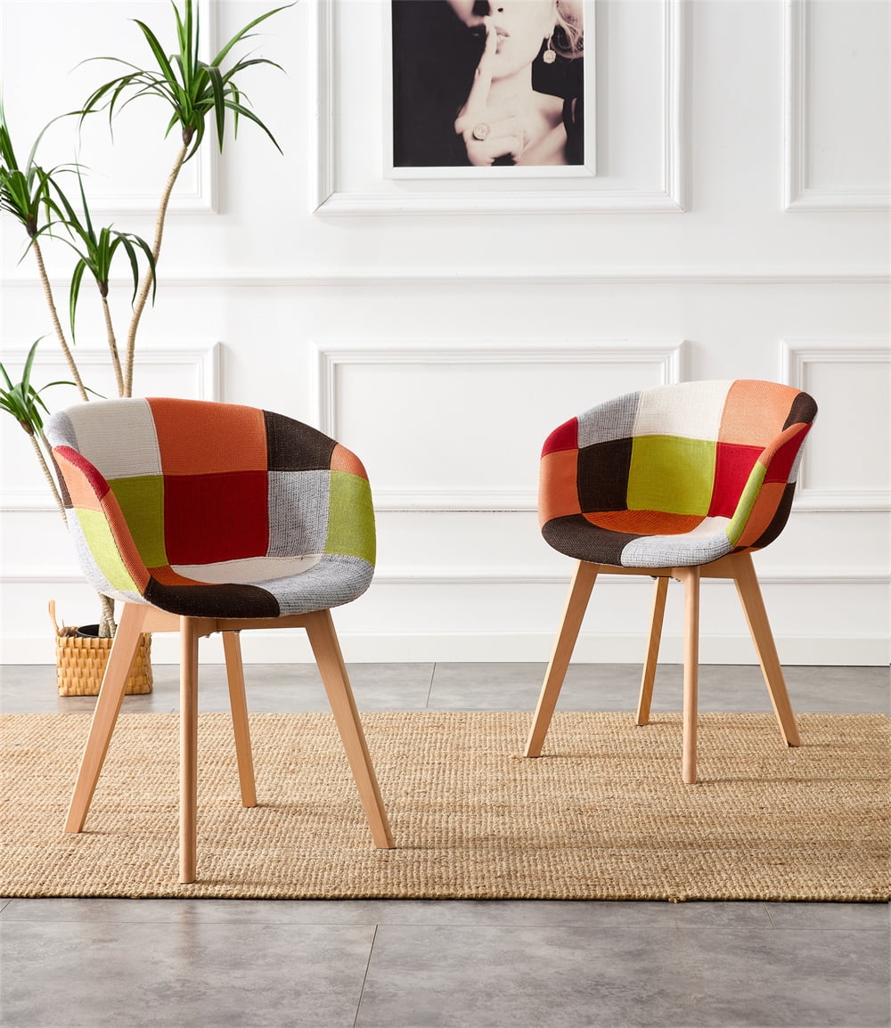 Dining Chair Set with Wood Legs, Patchwork Fabric Seat, Living Room ...