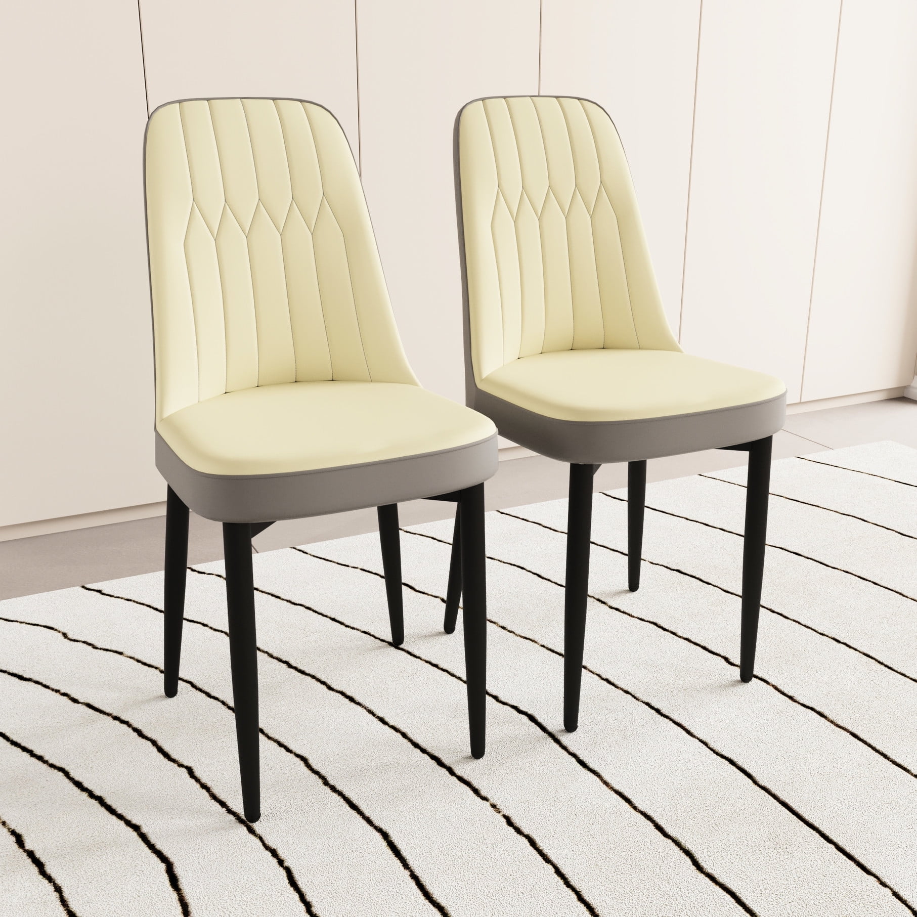 Dining Chair Set of 2 | Beige PU Leather Chairs with Curved Back ...