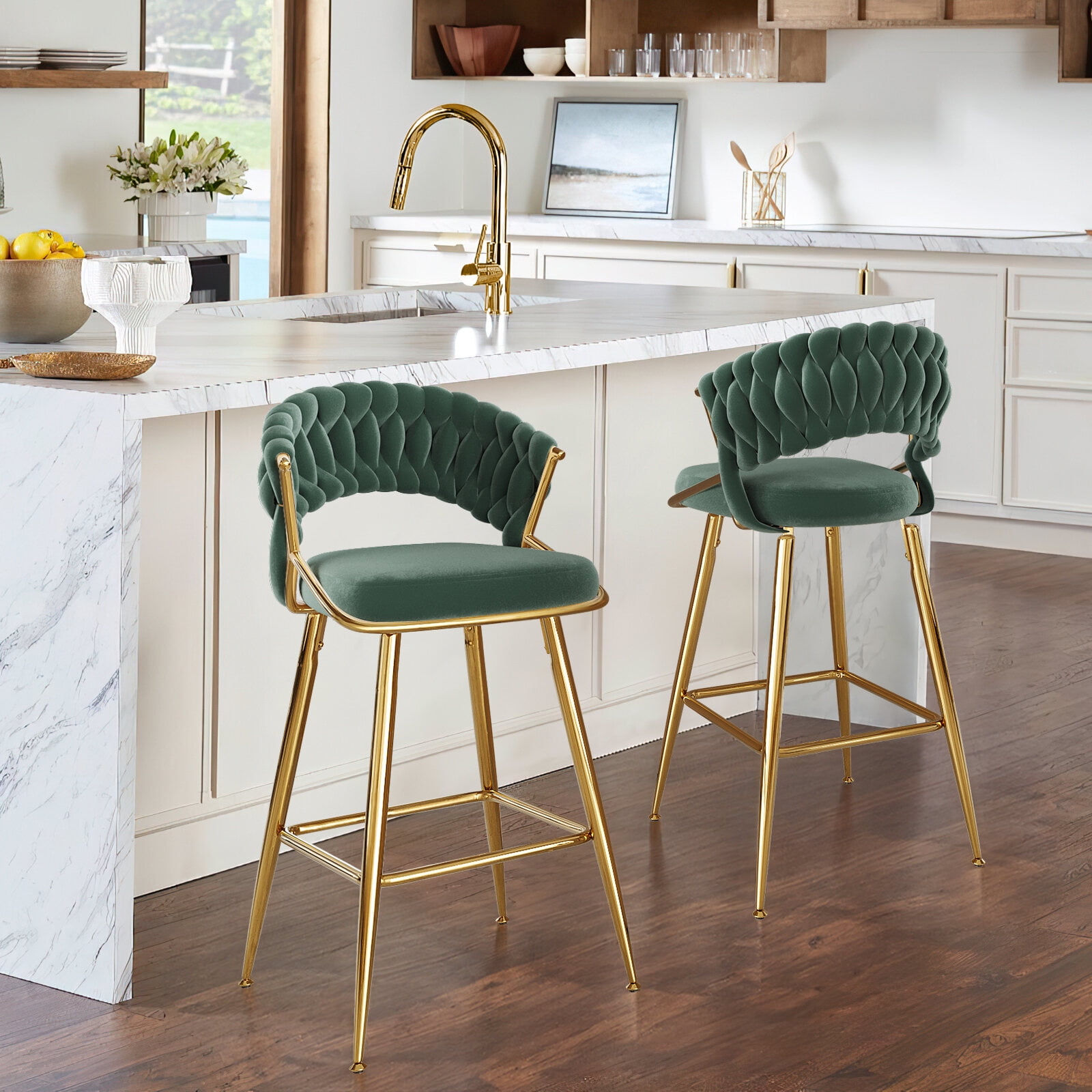 Dining Chairs 25.2" Modern Velvet Counter Stool with Gold Accents ...