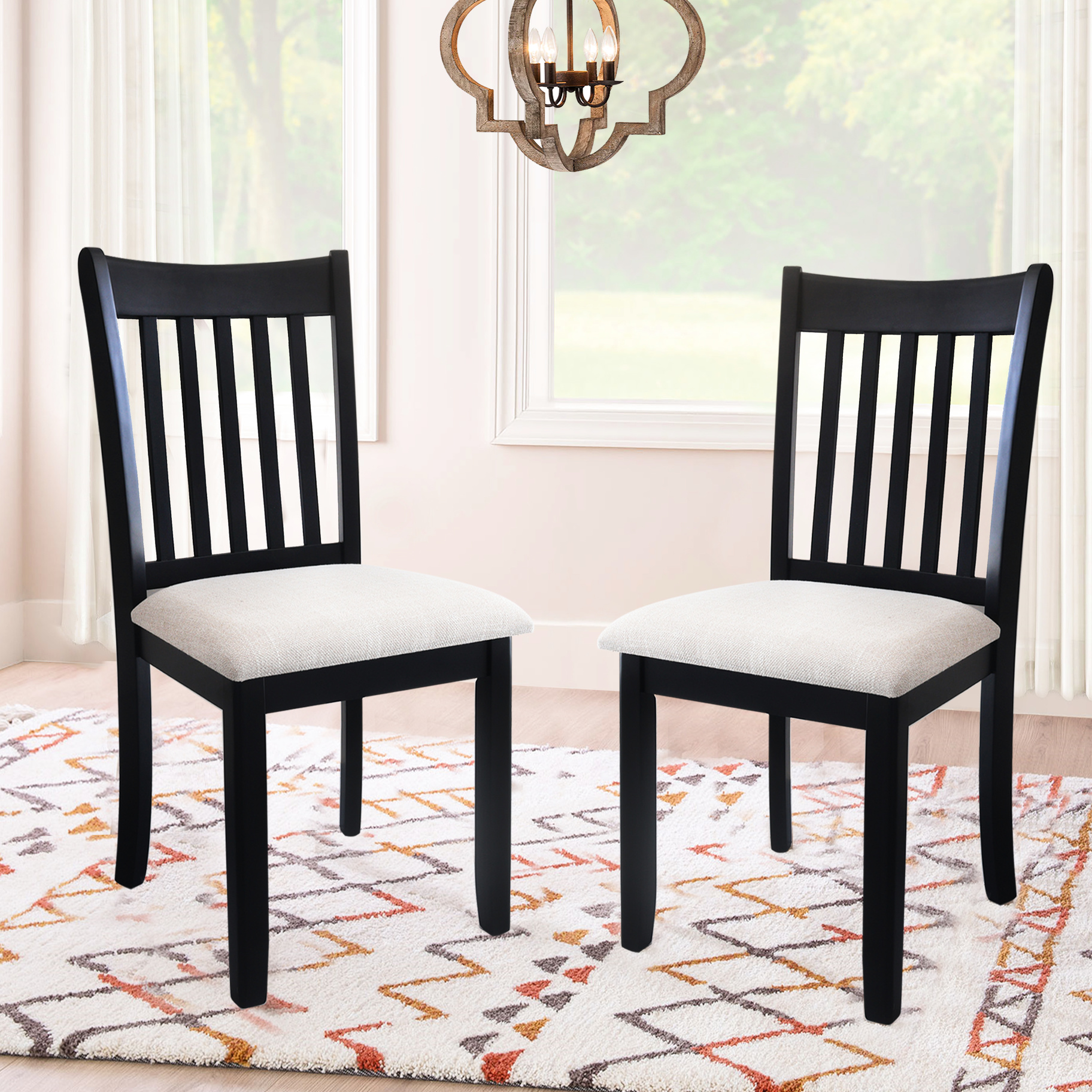 Dining Chairs In Black, Solid Rubber Wood, Padded Seats, Slat Back ...