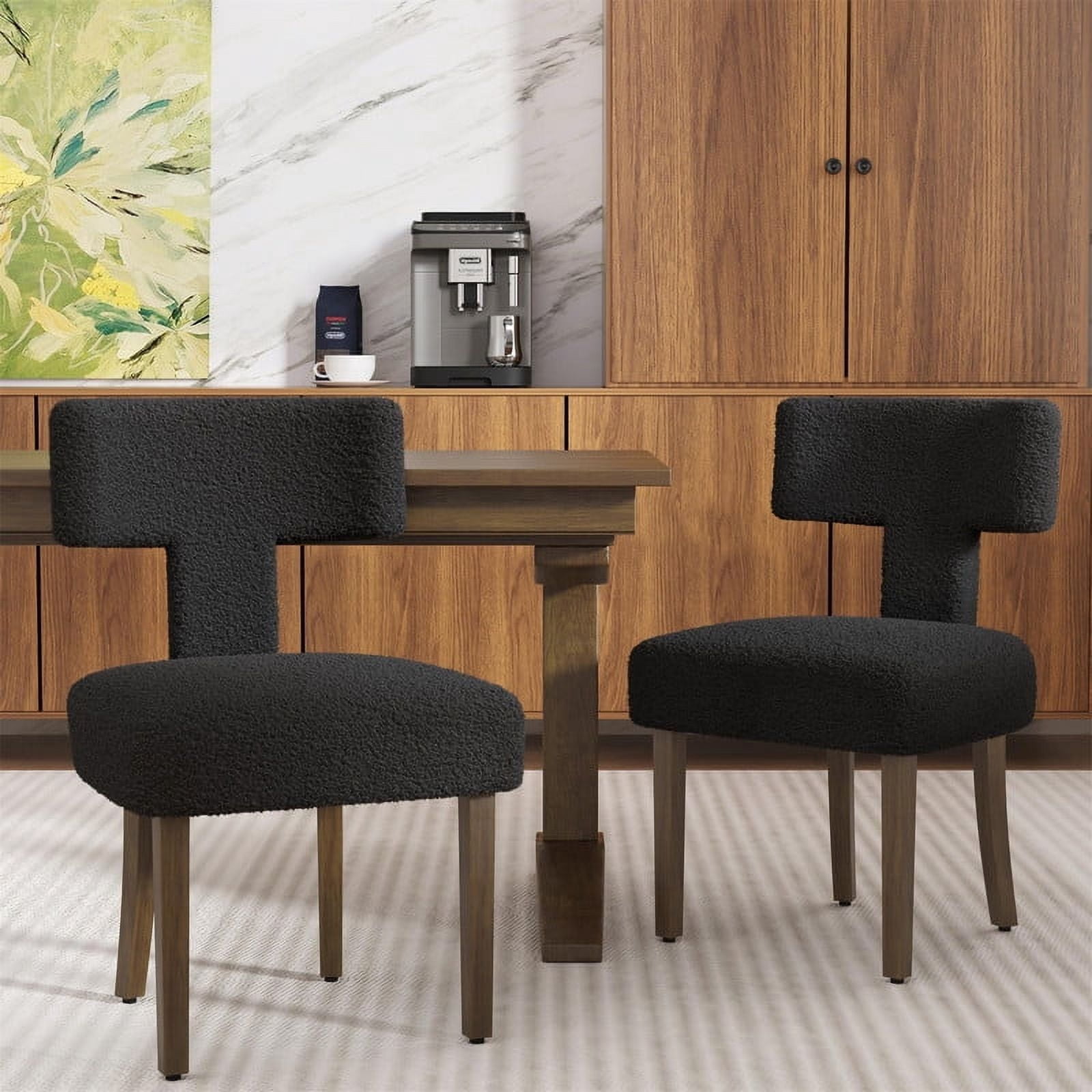 Dining Chairs Boucle Fabric Lamb Upholstered Wooden T-Shape Back ...