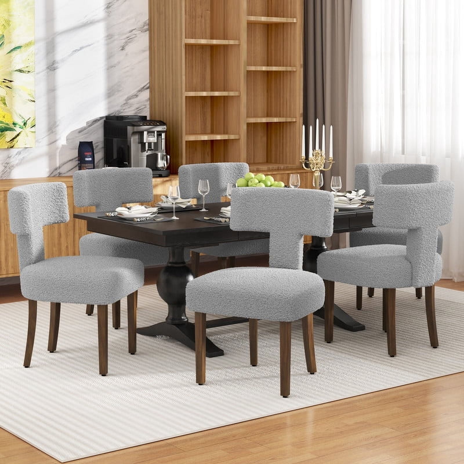 Dining Chairs Boucle Fabric Lamb Upholstered Wooden T-Shape Back ...
