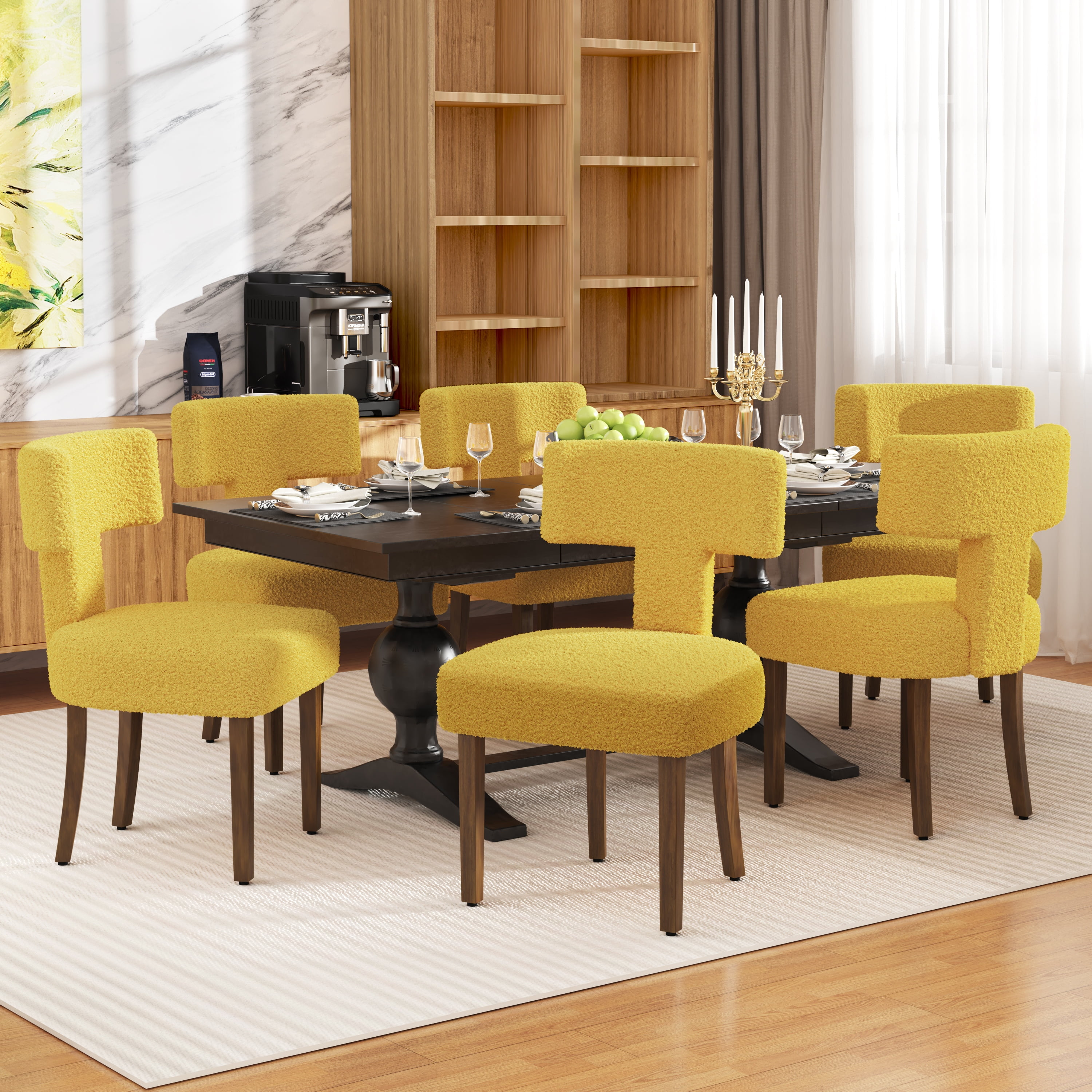 DONICK T-Shape Back Upholstered Dining Chairs Set of 6,Lambswool Fabric ...