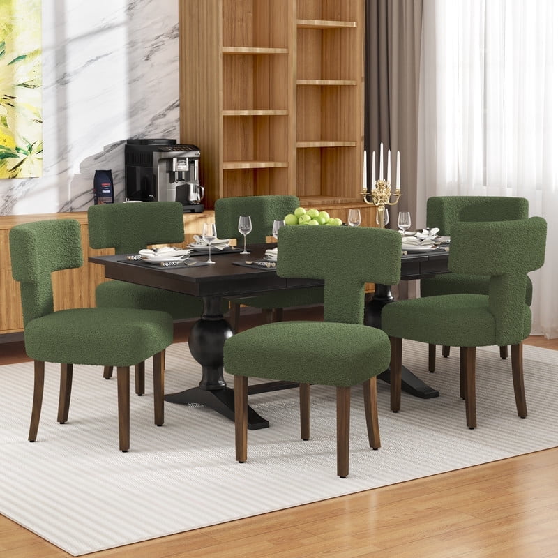 Dining Chairs Boucle Fabric Lamb Upholstered Wooden T-Shape Back ...