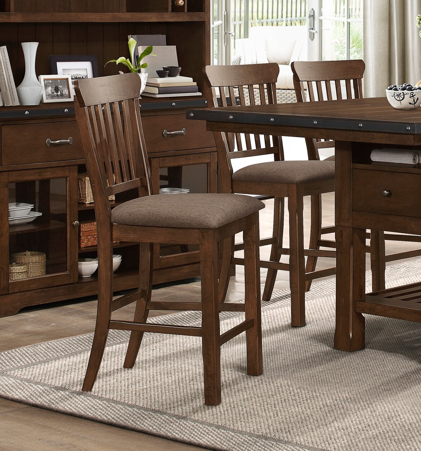 Dining Chairs Dark Brown Finish Counter Height Chairs Set of 2 Wooden ...