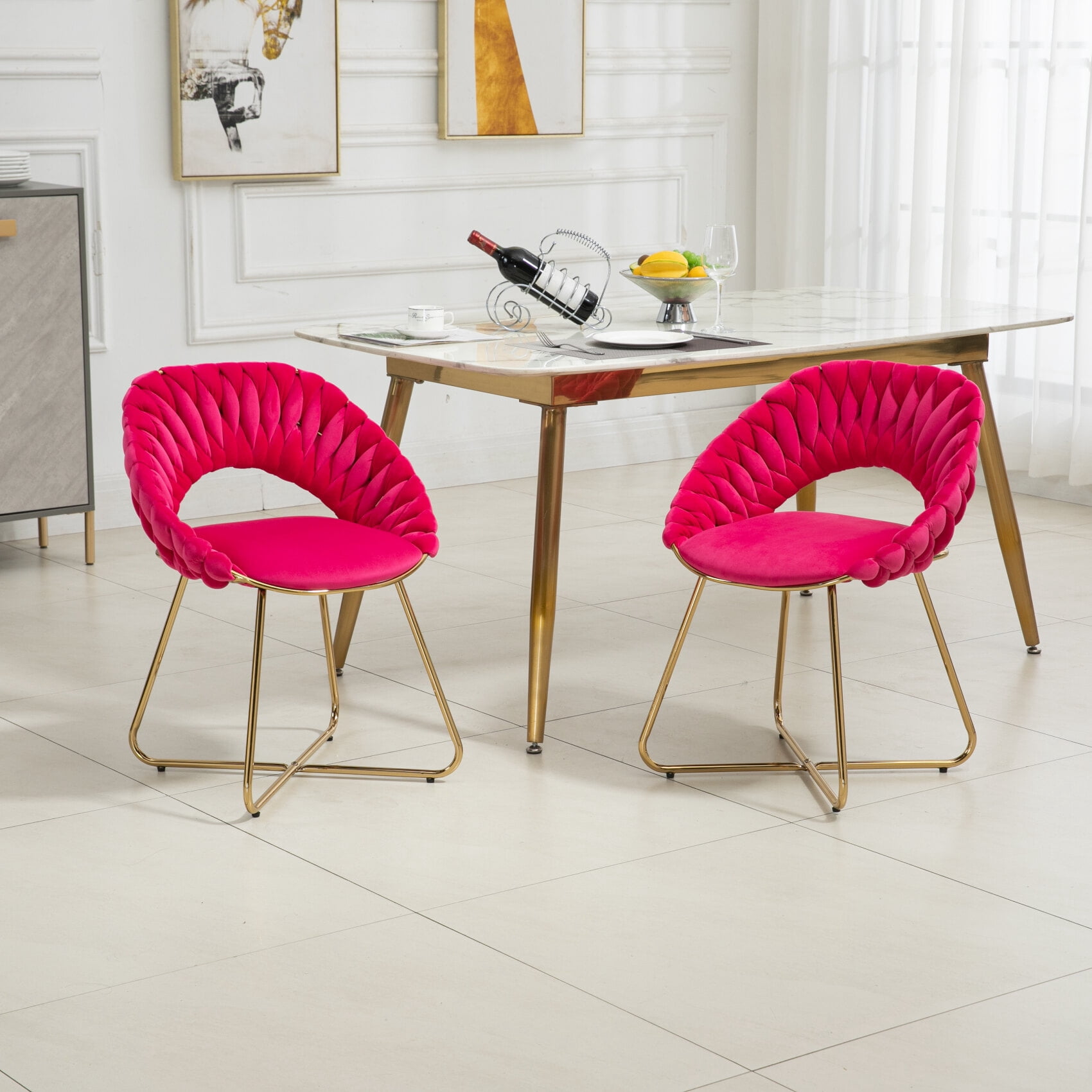 Dining Chairs Set of 2, Hand Weaving Makeup Chairs, Velvet Upholstered ...