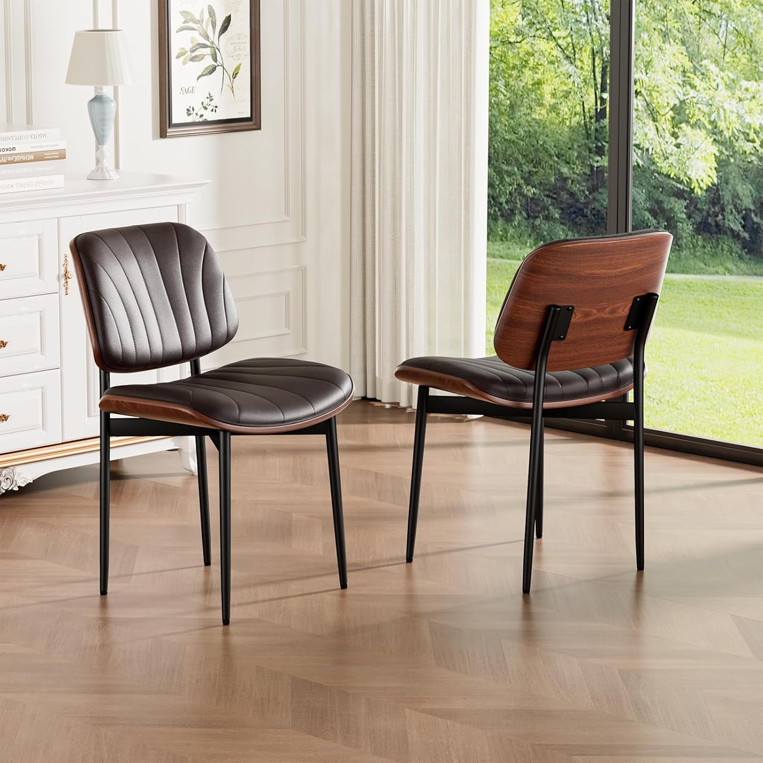 Dining Chairs Set of 2, Mid-Century Modern Upholstered PU Leather ...