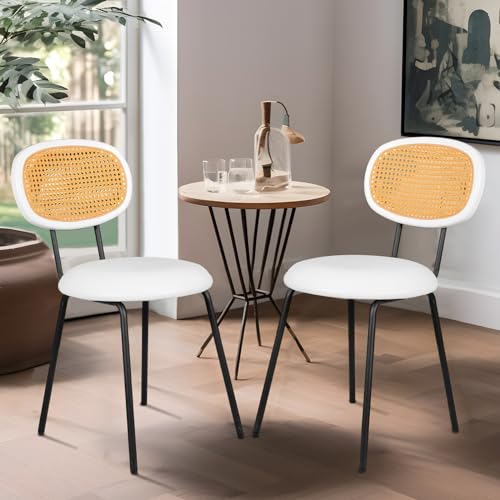 Dining Chairs Set of 2 with Rattan Backrest, White Rattan Dining Chairs ...