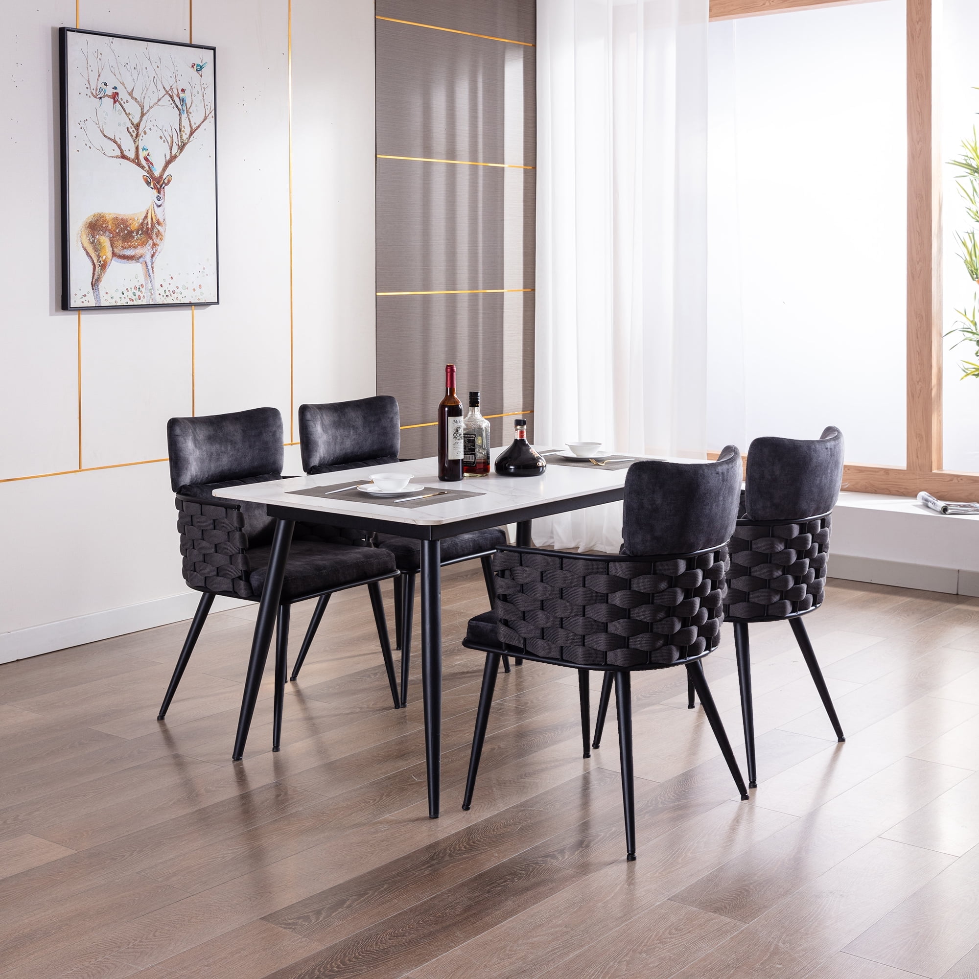Set of 4 Mid-Century Modern Woven Accent Dining Chairs, Velvet ...