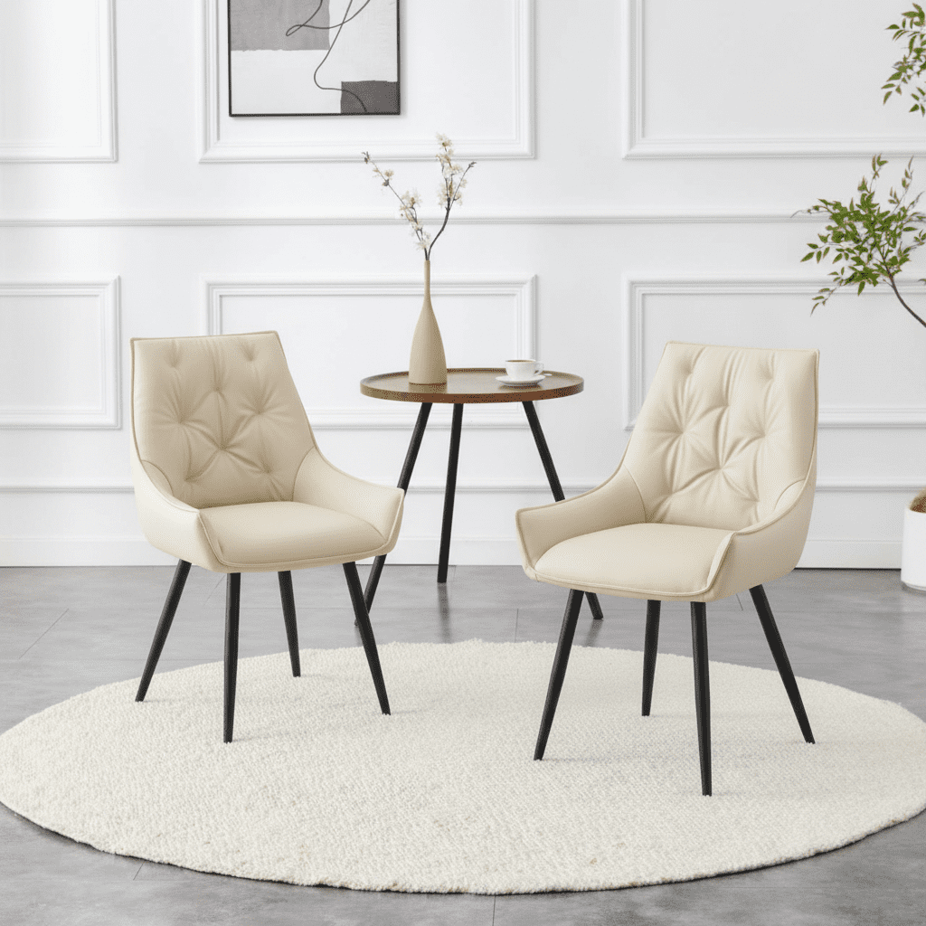 Dining Chairs Set of 2, Off White Faux Leather Seat, Metal Legs with ...