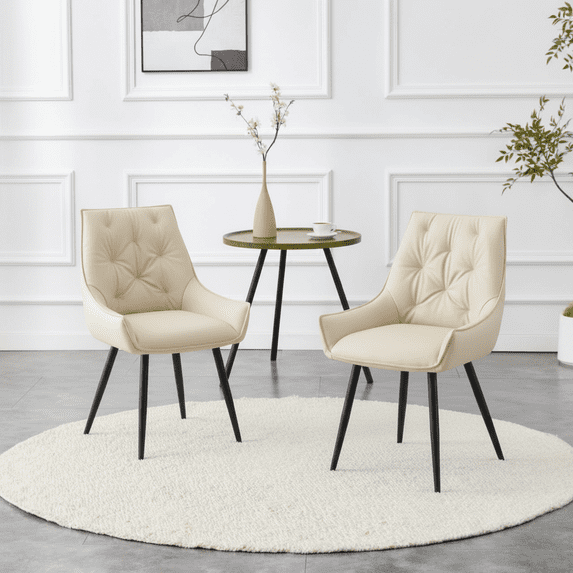 Dining Chairs Set of 2, Off White Faux Leather Seat, Metal Legs with ...