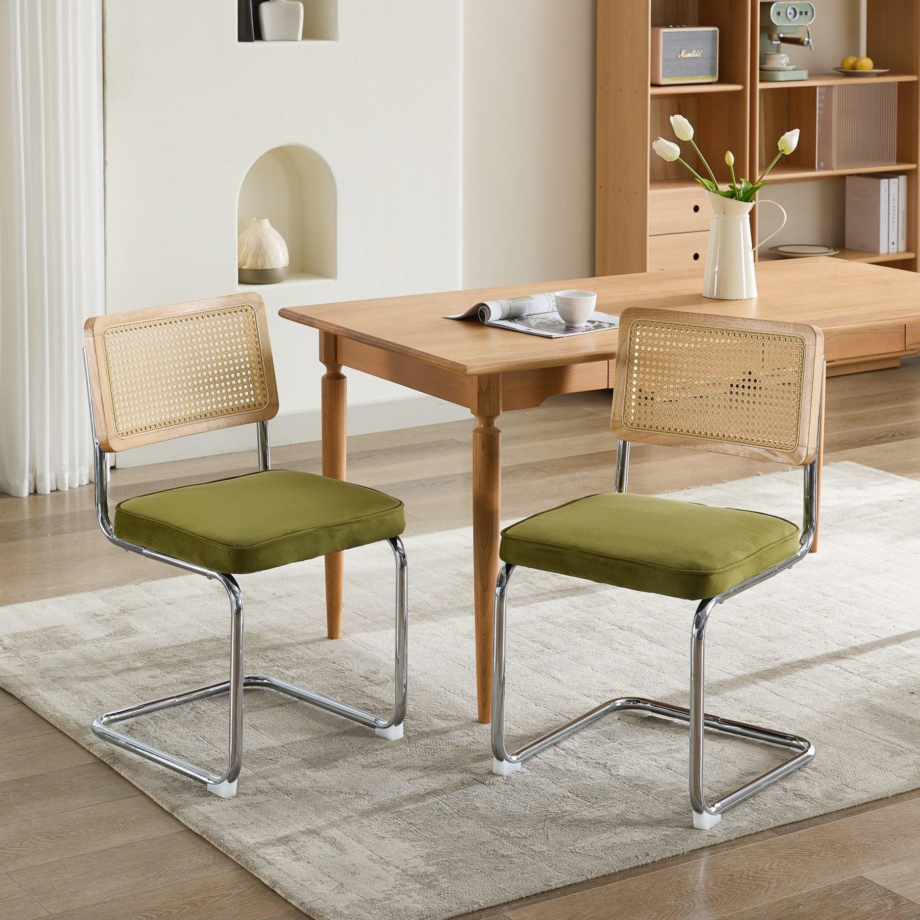 Dining Chairs / Set of 2, Olive-Green Velvet with Rattan Back & Double ...