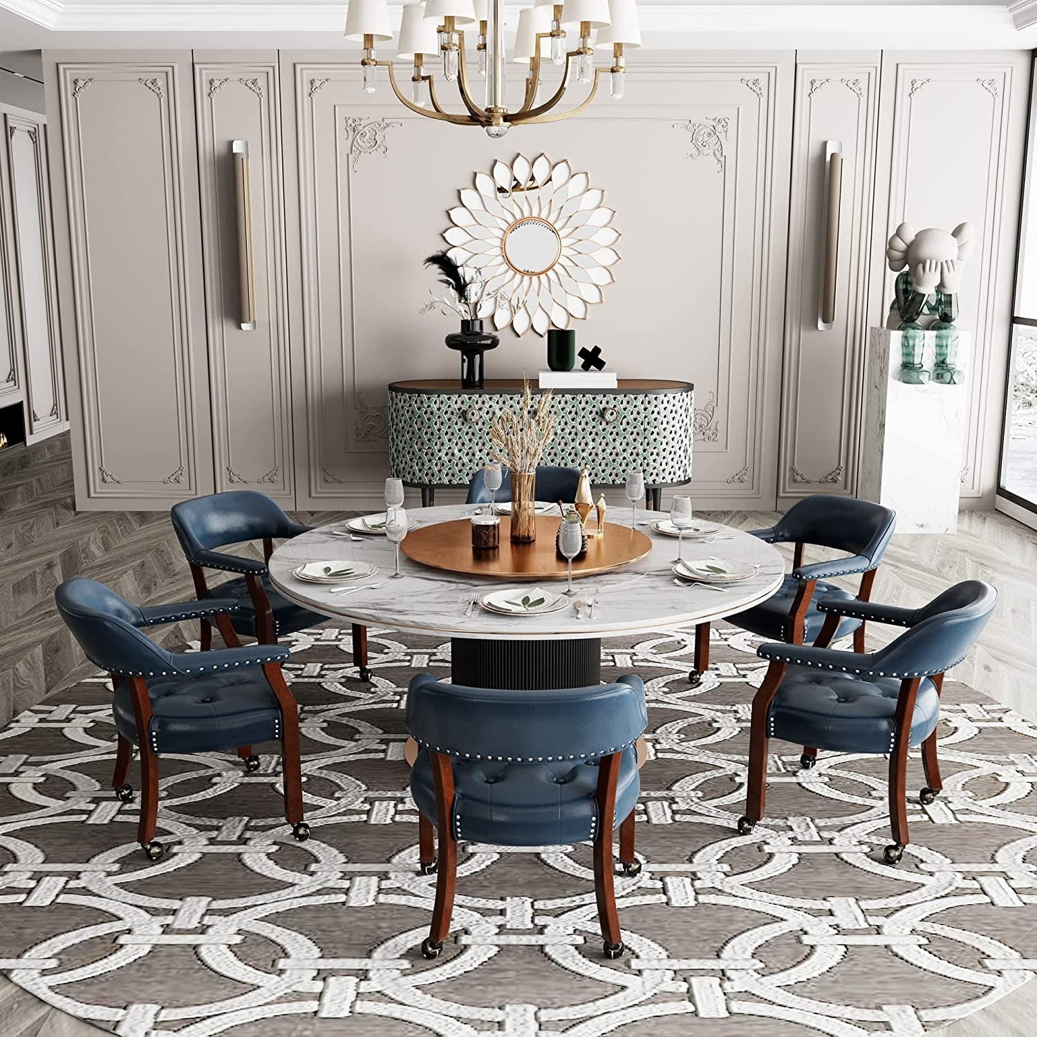 Dining Chairs with Casters Solid Wood Frame Poker Table Chairs Blue ...