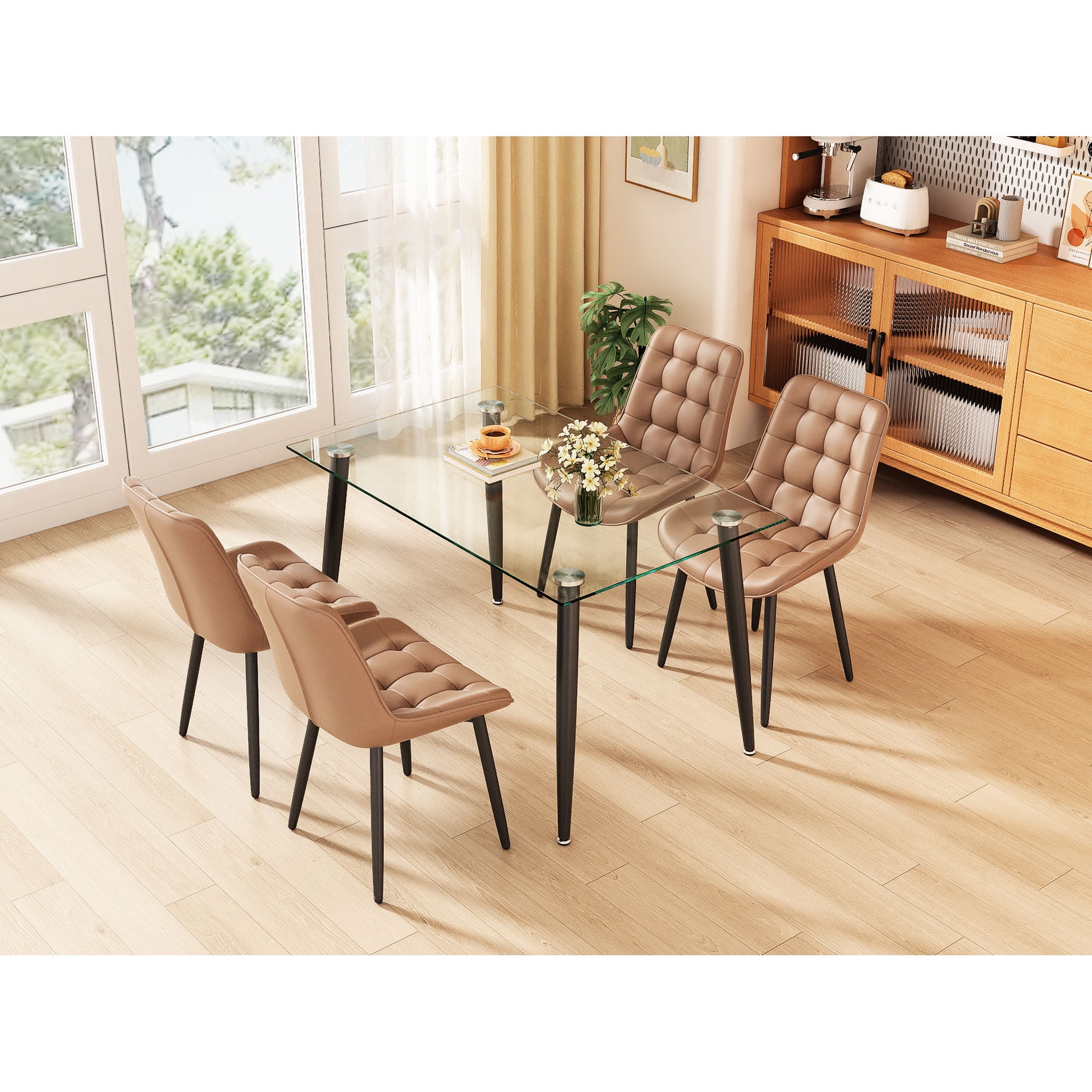 Dining Furniture Set / Glass Table, Brown PU Chairs, Adjustable Feet ...