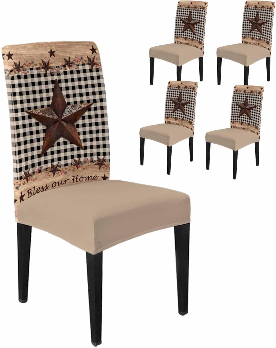Dining Room Chair Covers Set of 4, Rustic Western Star Black Plaid ...