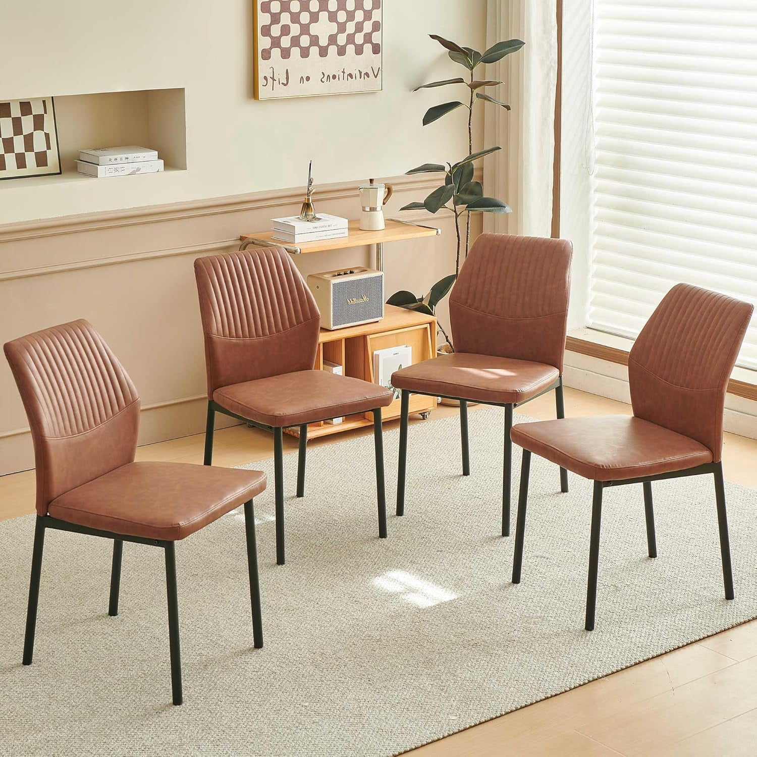 Dining Room Chairs Set of 4, PU Leather Seats with Black Metal Legs ...