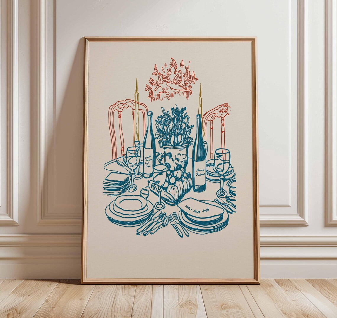 Dining Room Line Drawing Kitchen Wine Table Minimalist Sketch Art ...