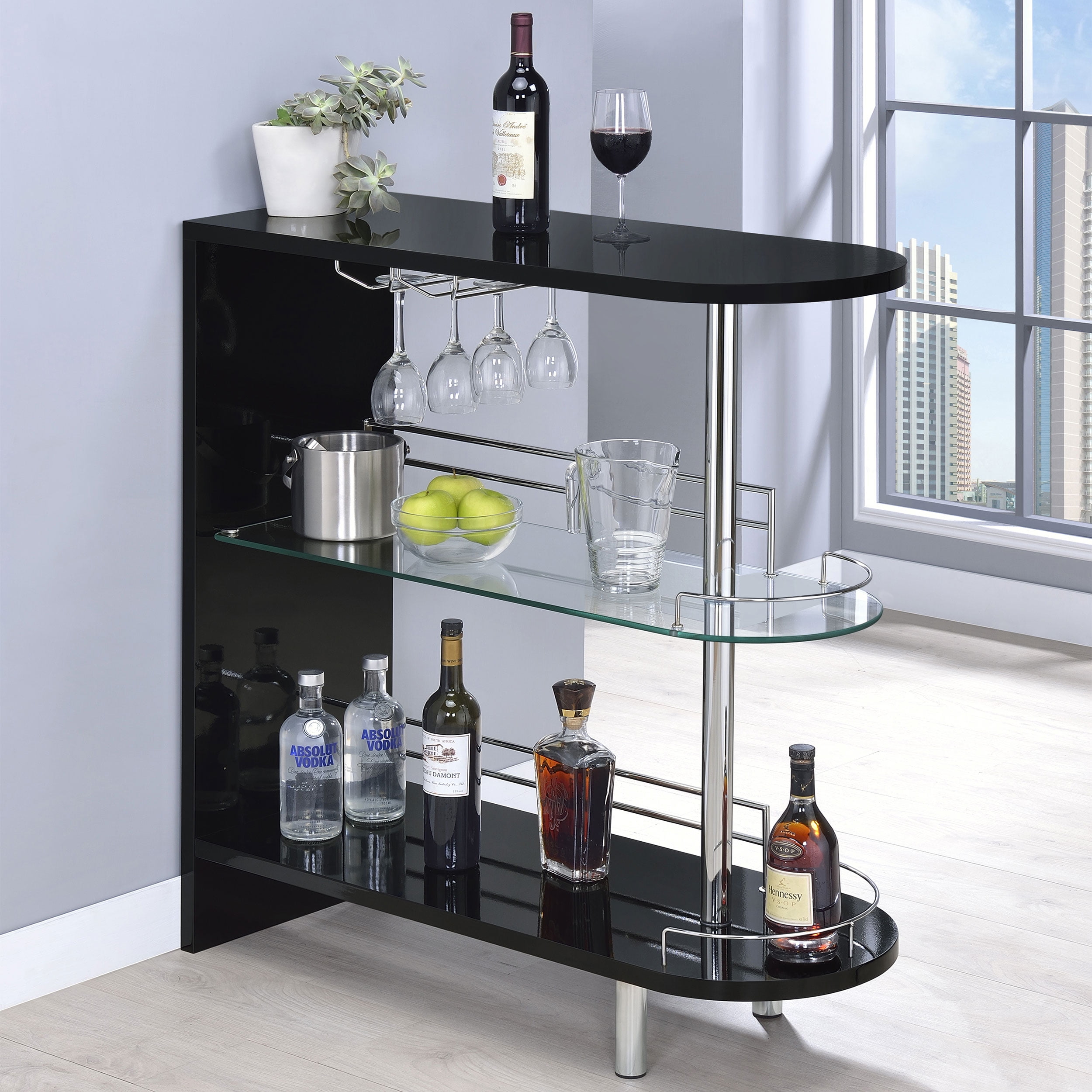 Dining Room Server, Karinna Black High Gloss 2-Tier Home Bar Table ...