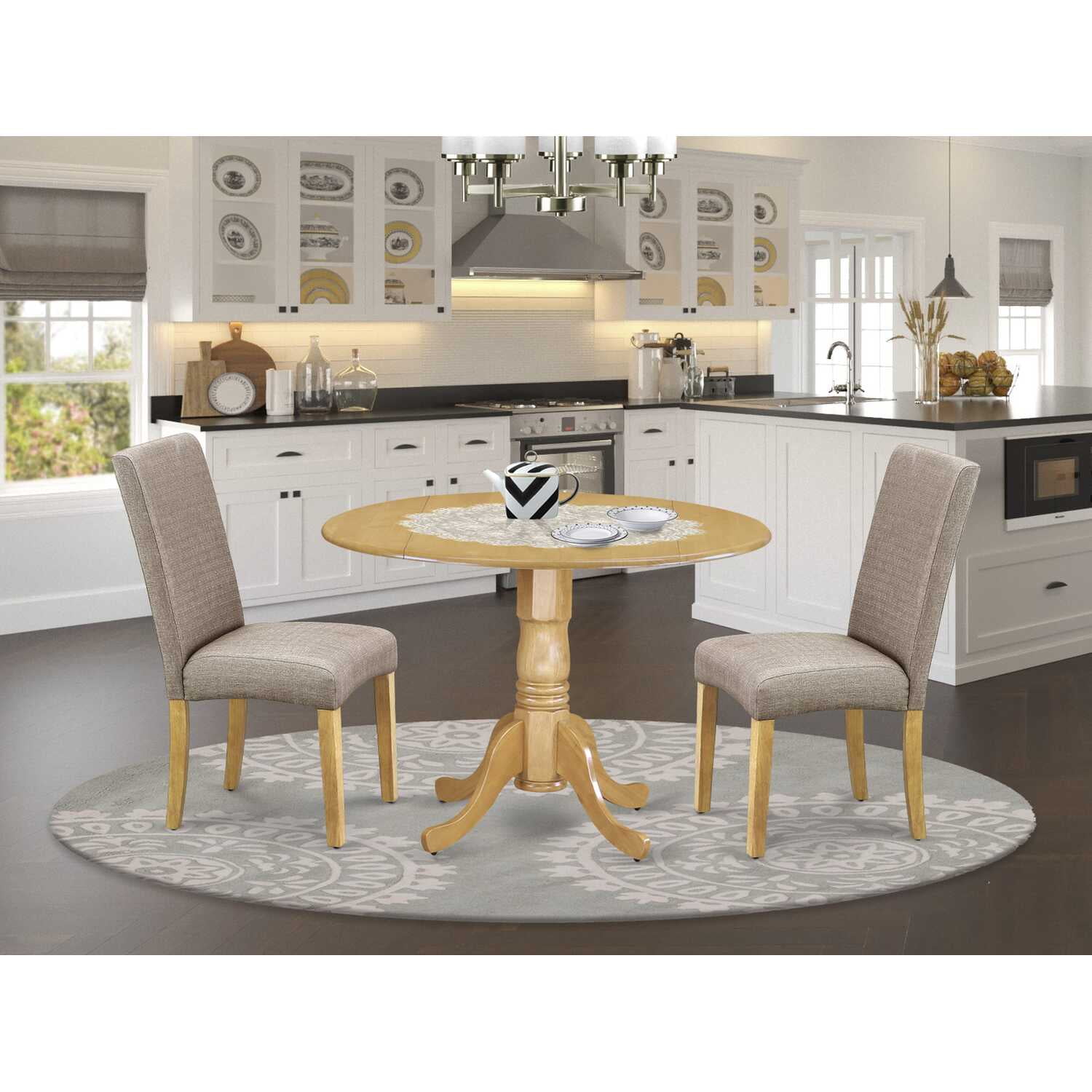 3 Piece Round Dining Set - 42" Table w/ Dropleaf & 2 Linen Parsons ...