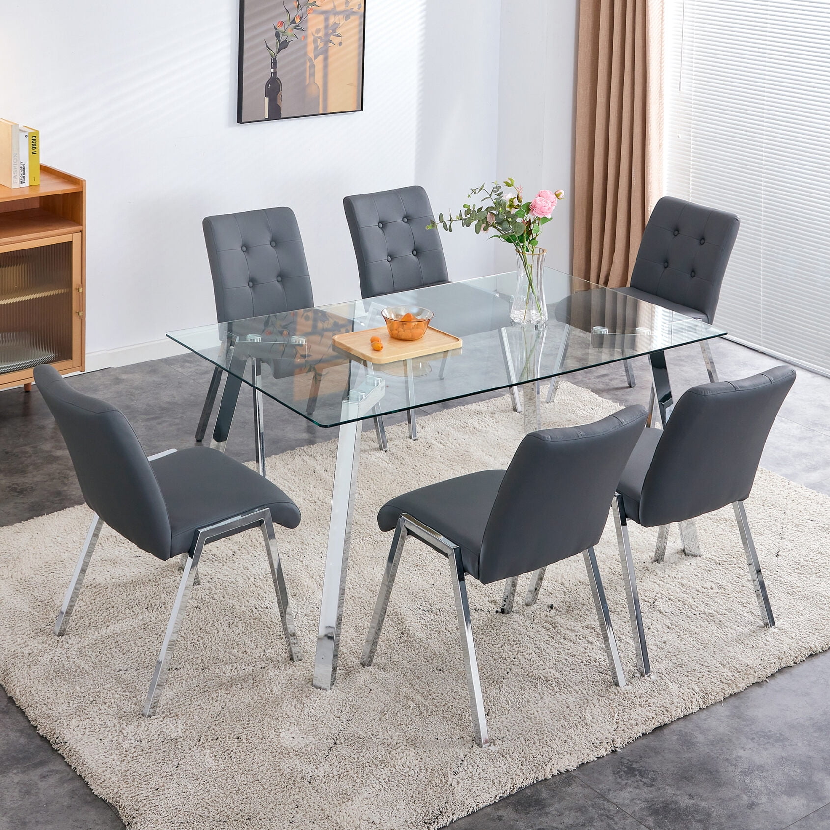 Dining Room Table Set with 1 Table and 6 Grey PU Chairs, Modern Kitchen ...