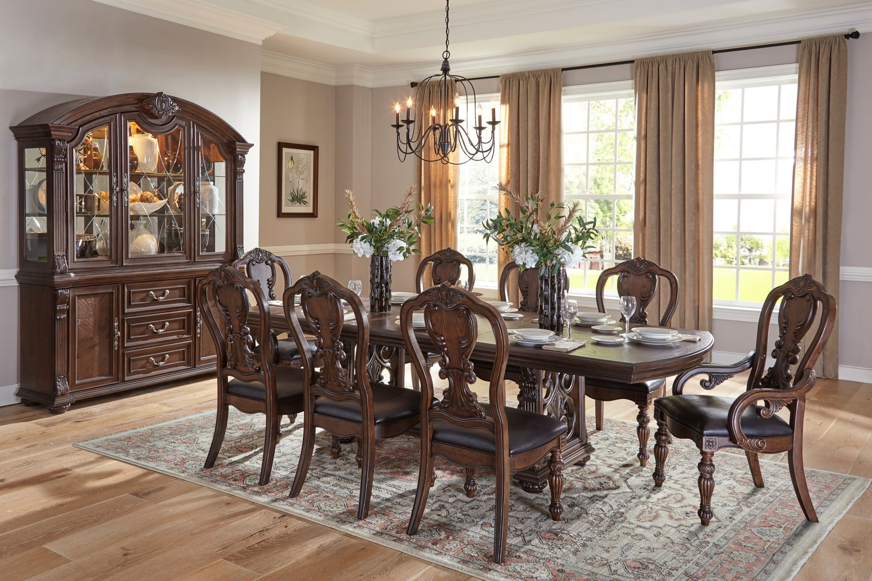 9-Piece Lavish Formal Dining Room Set, Dark Oak Finish, Extendable ...