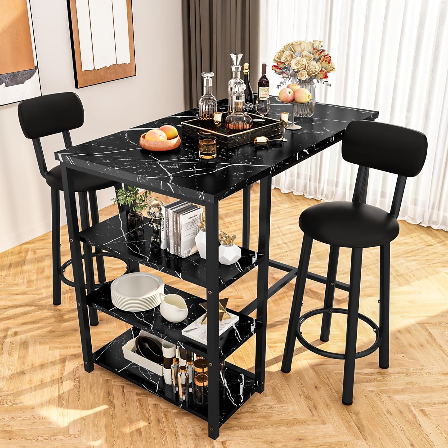 Dining Set for 2 Counter Height Pub with 2 PU Leather Widen Backrest ...