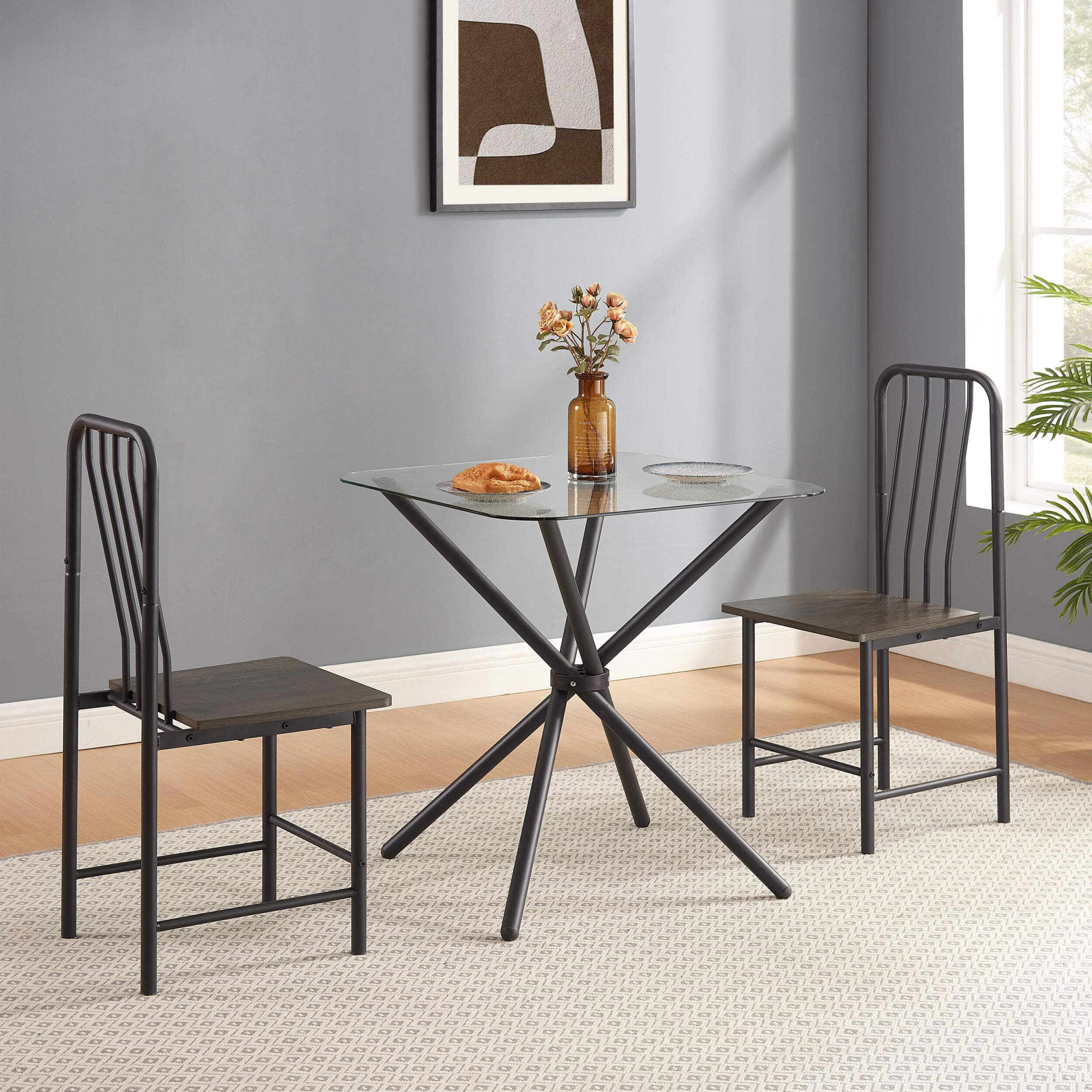 Dining Set For 2, Square Glass Tempered Dining Table With 4 Legs And 2 ...