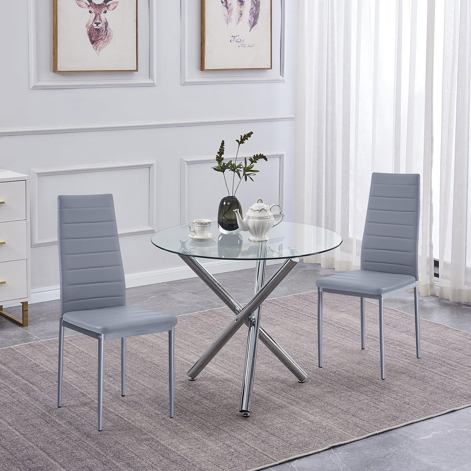 Dining Set for 3, ROZHOME Round Glass Dining Table with 3 Chrome Legs ...